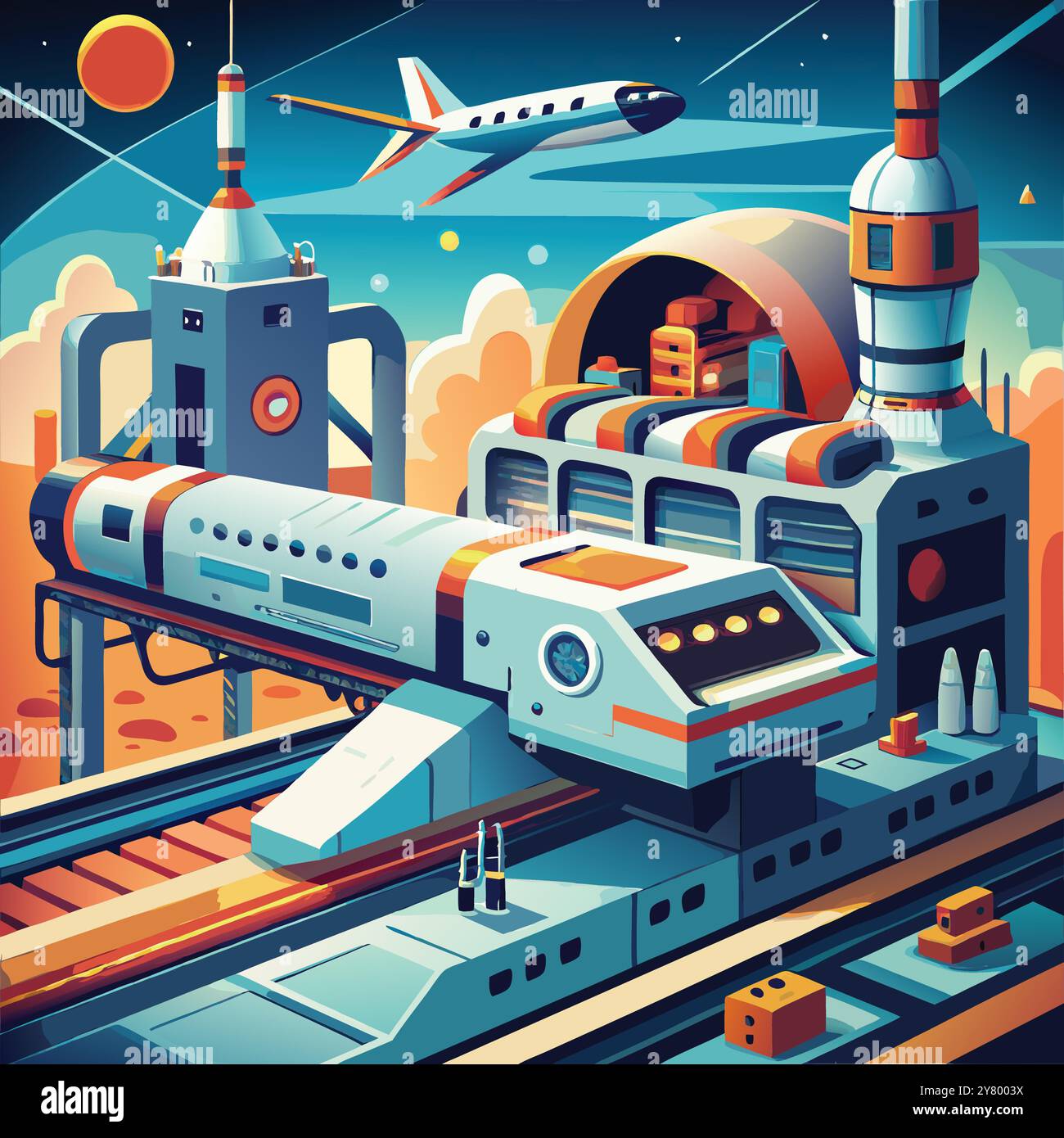 Futuristic space station with a train. rocket. and aircraft. A colorful ...