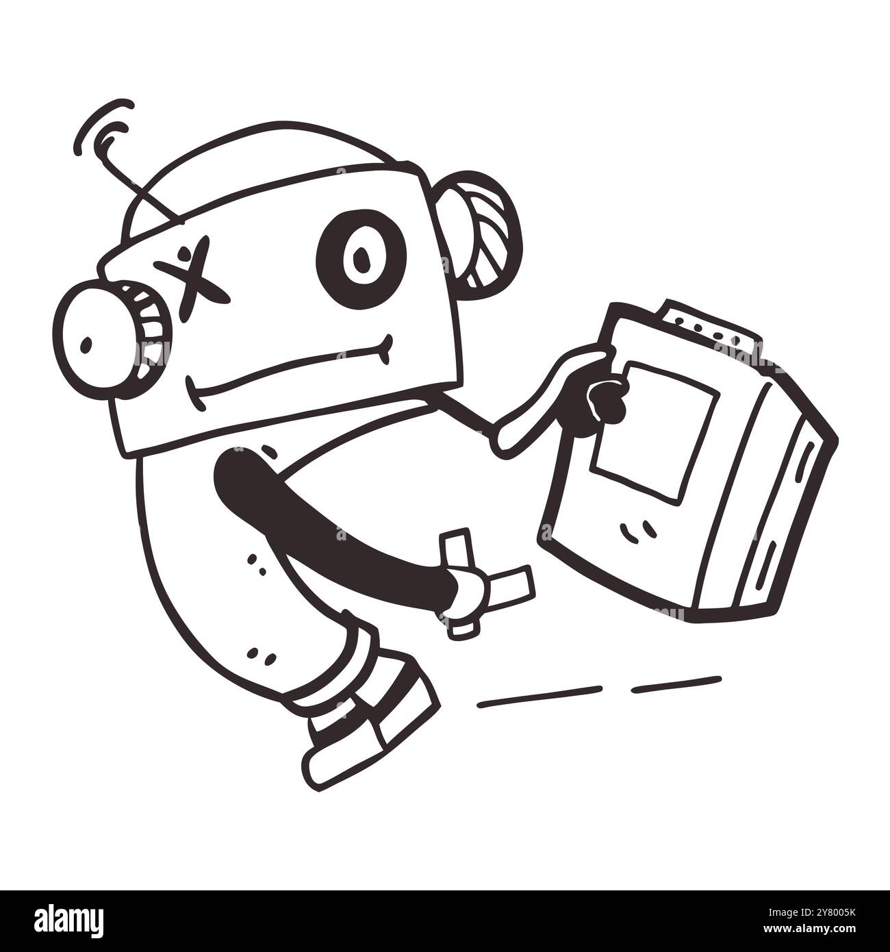 A cute. cartoon style robot holding a rectangular object. This simple ...