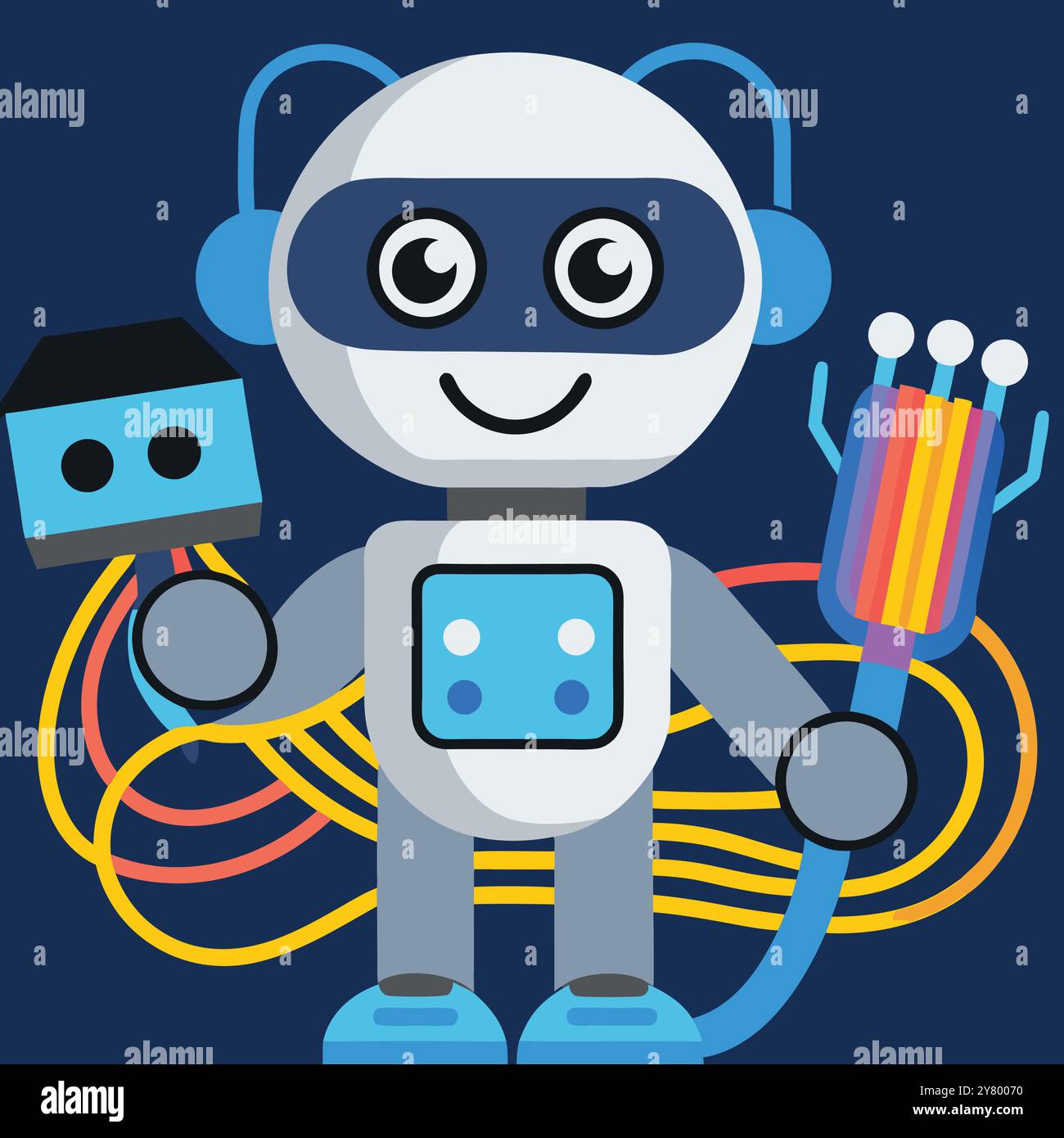 A friendly AI robot holding a cable plug and fiber optic cable ...