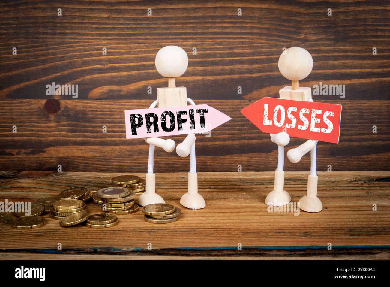 Profit and Losses Concept. Pointing arrows with text. Miniature human ...