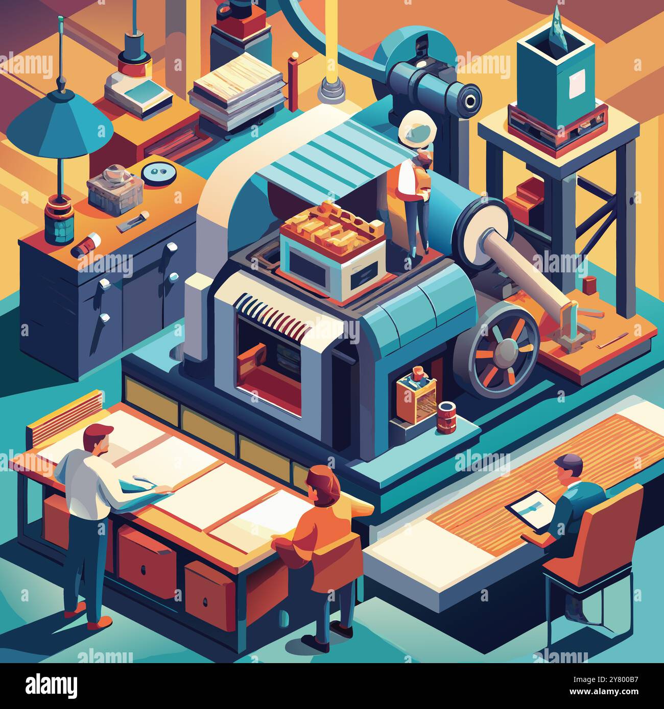 Isometric illustration of a factory floor with workers operating ...