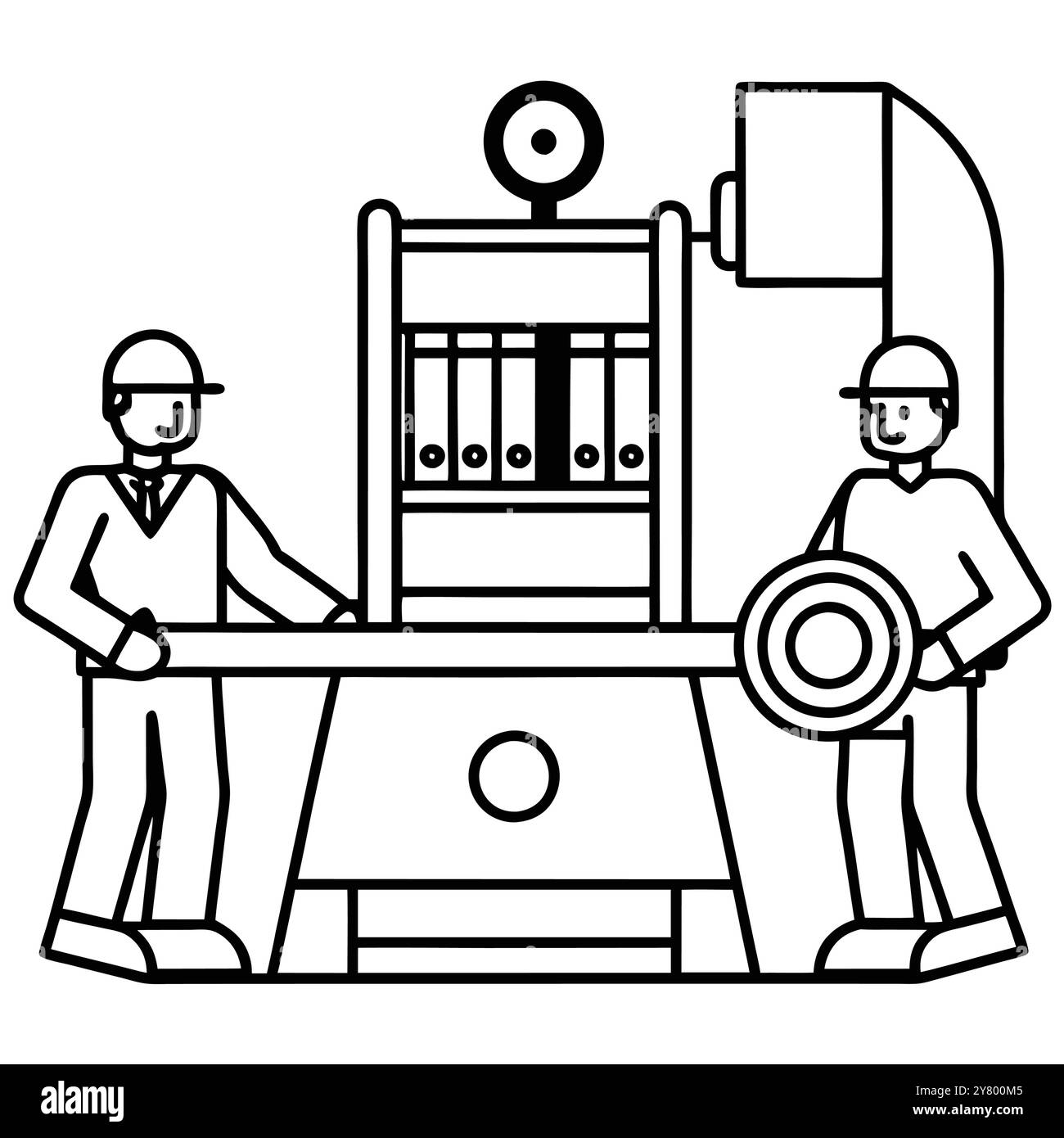 Illustration of two workers operating a large industrial machine. This ...
