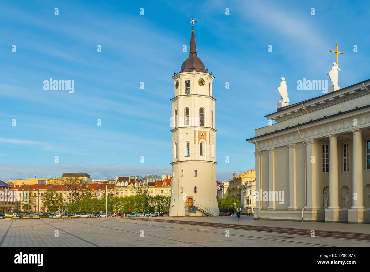 Bell Tower of Vilnius Cathedral with downtown Vilnius city skyline ...