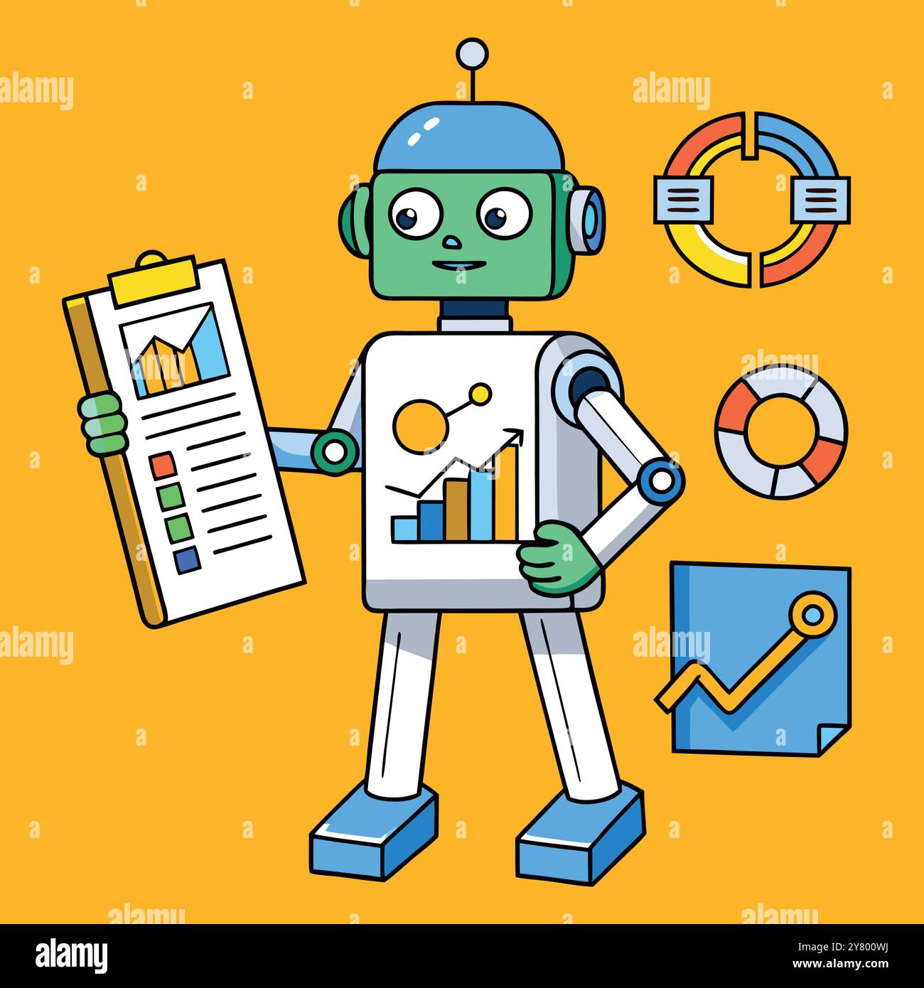 A friendly cartoon robot holding a clipboard with a graph and ...
