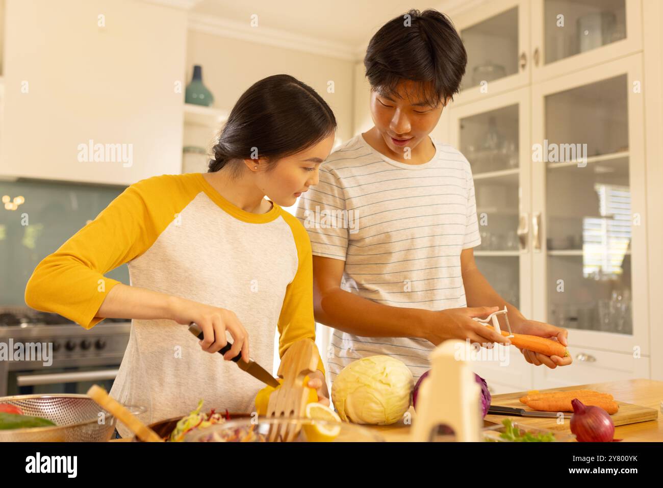 Preparing vegetables together, young asian brother and sister cooking ...