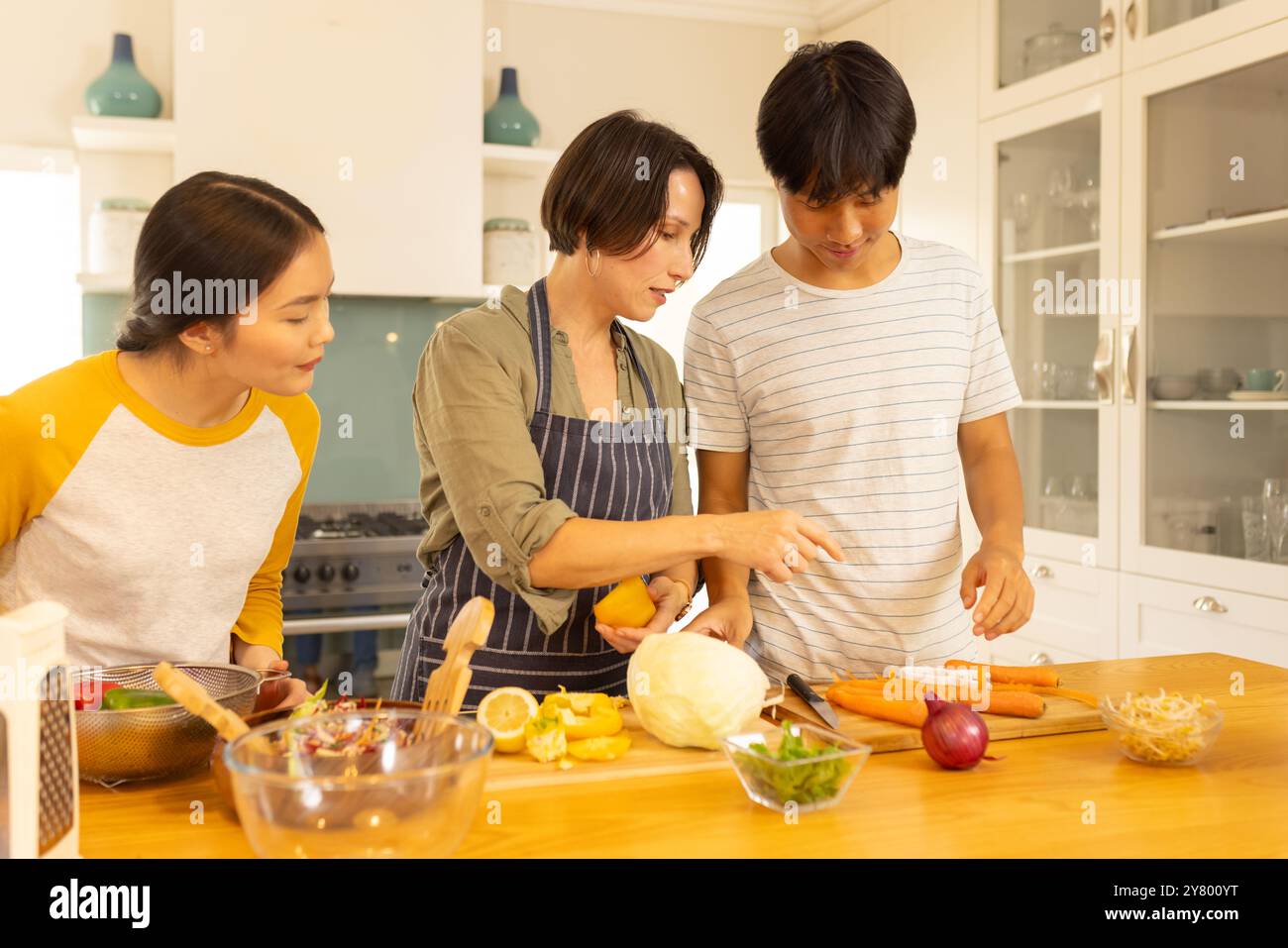 Cooking together, multiracial family preparing vegetables in kitchen ...