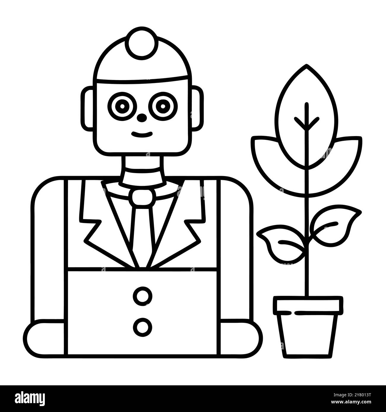 A simple line drawing of a robot wearing a suit and tie. standing next ...
