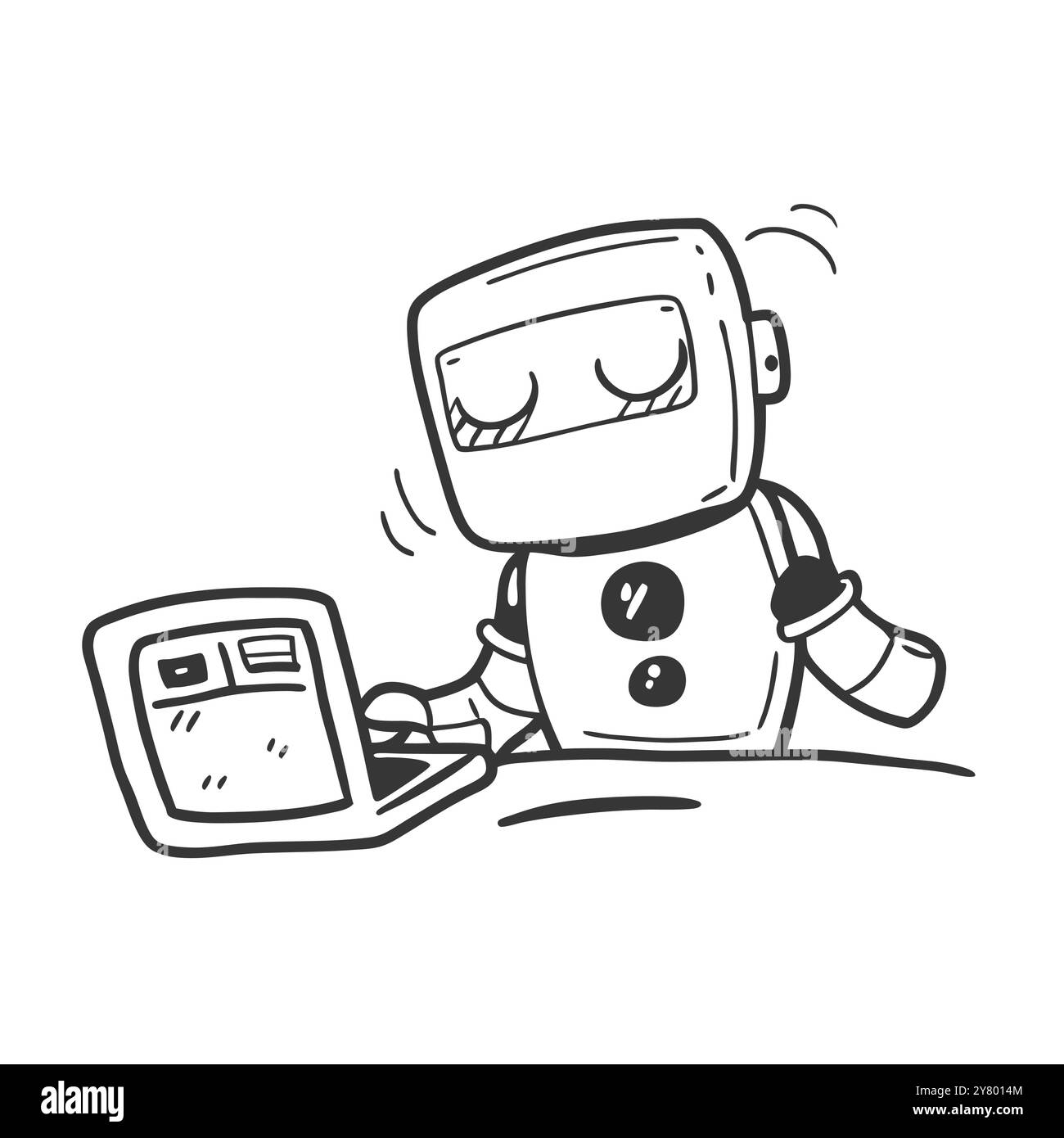 A cute. hand drawn robot working on a laptop. Perfect for illustrating ...