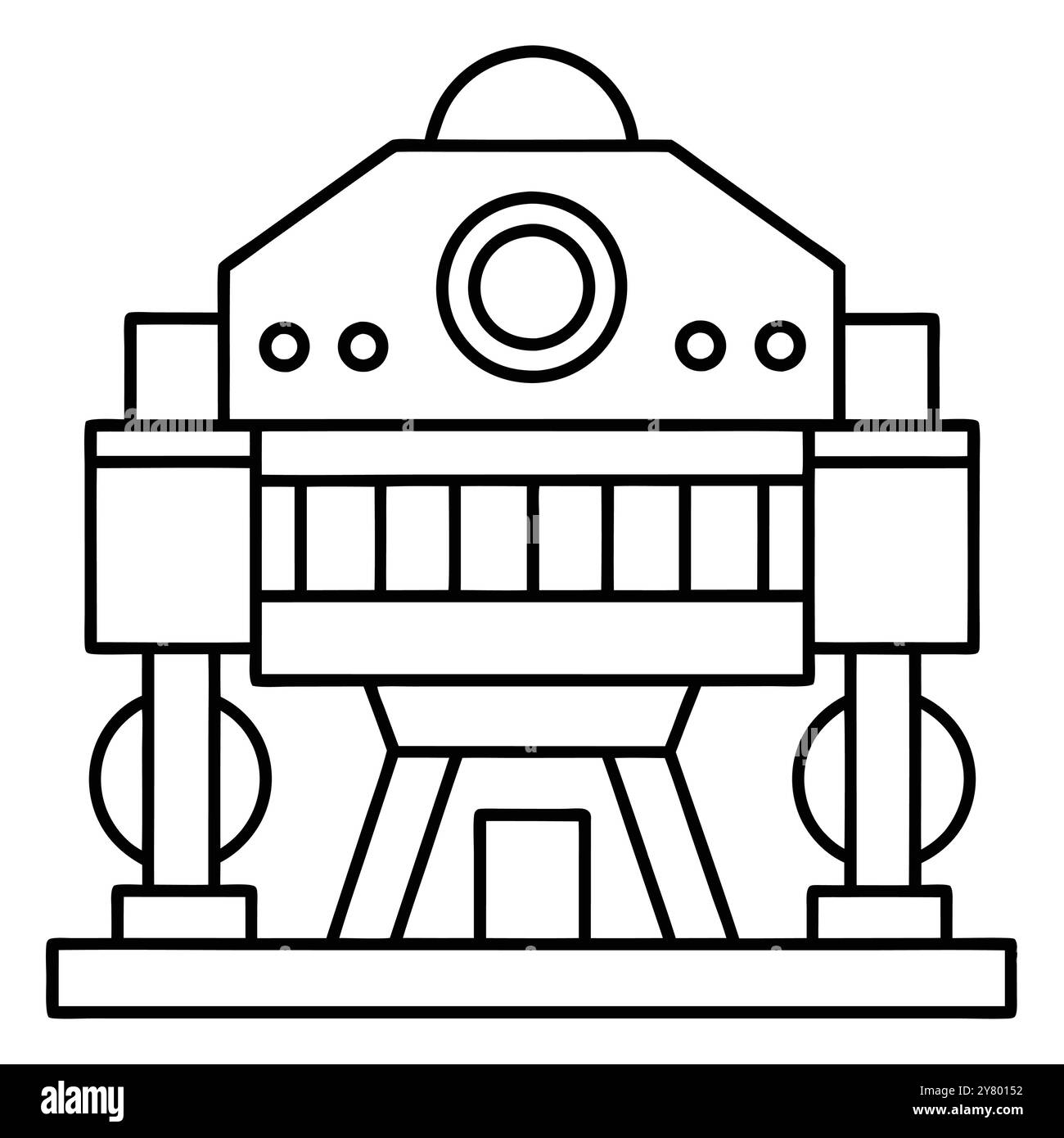 A simple line drawing of a robot. featuring a round head. rectangular ...