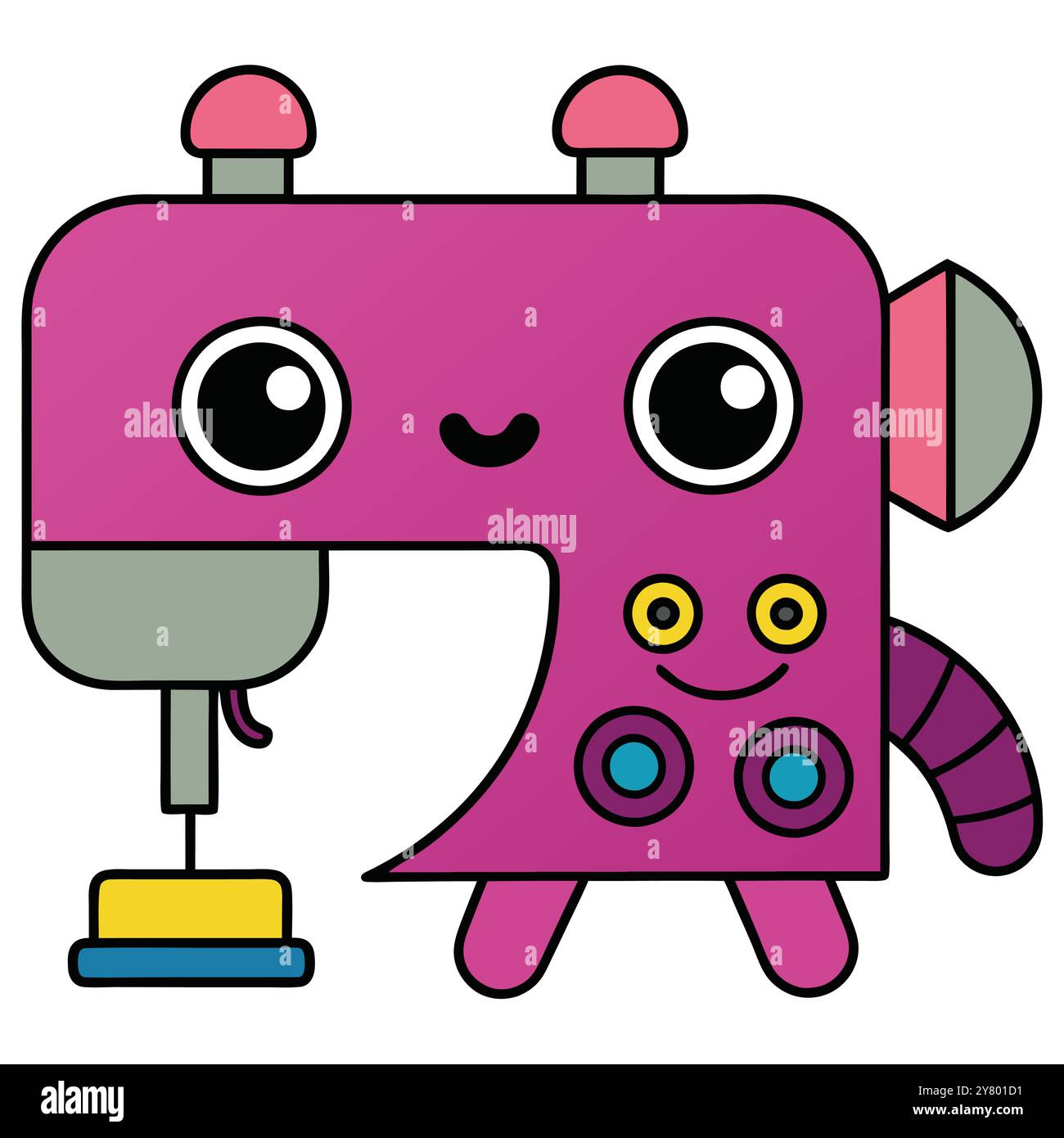 Cute cartoon illustration of a pink sewing machine with big eyes and a ...