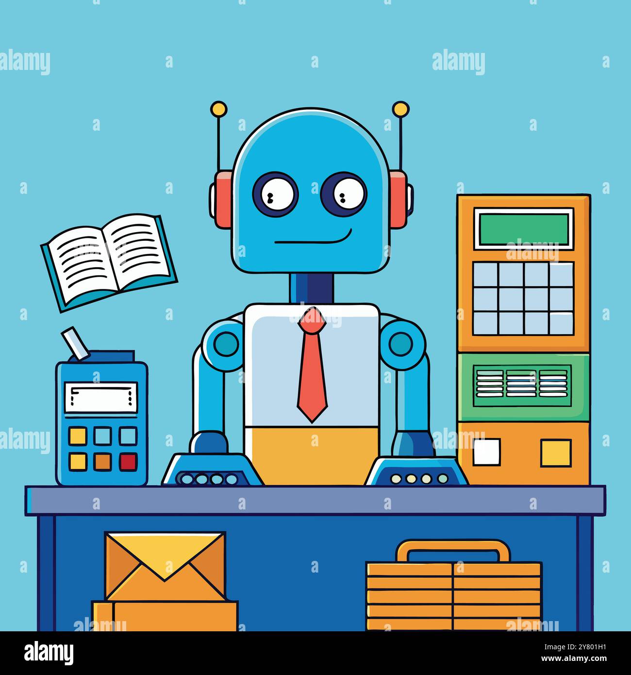A friendly robot wearing a tie sits at a desk with a book. a calculator ...
