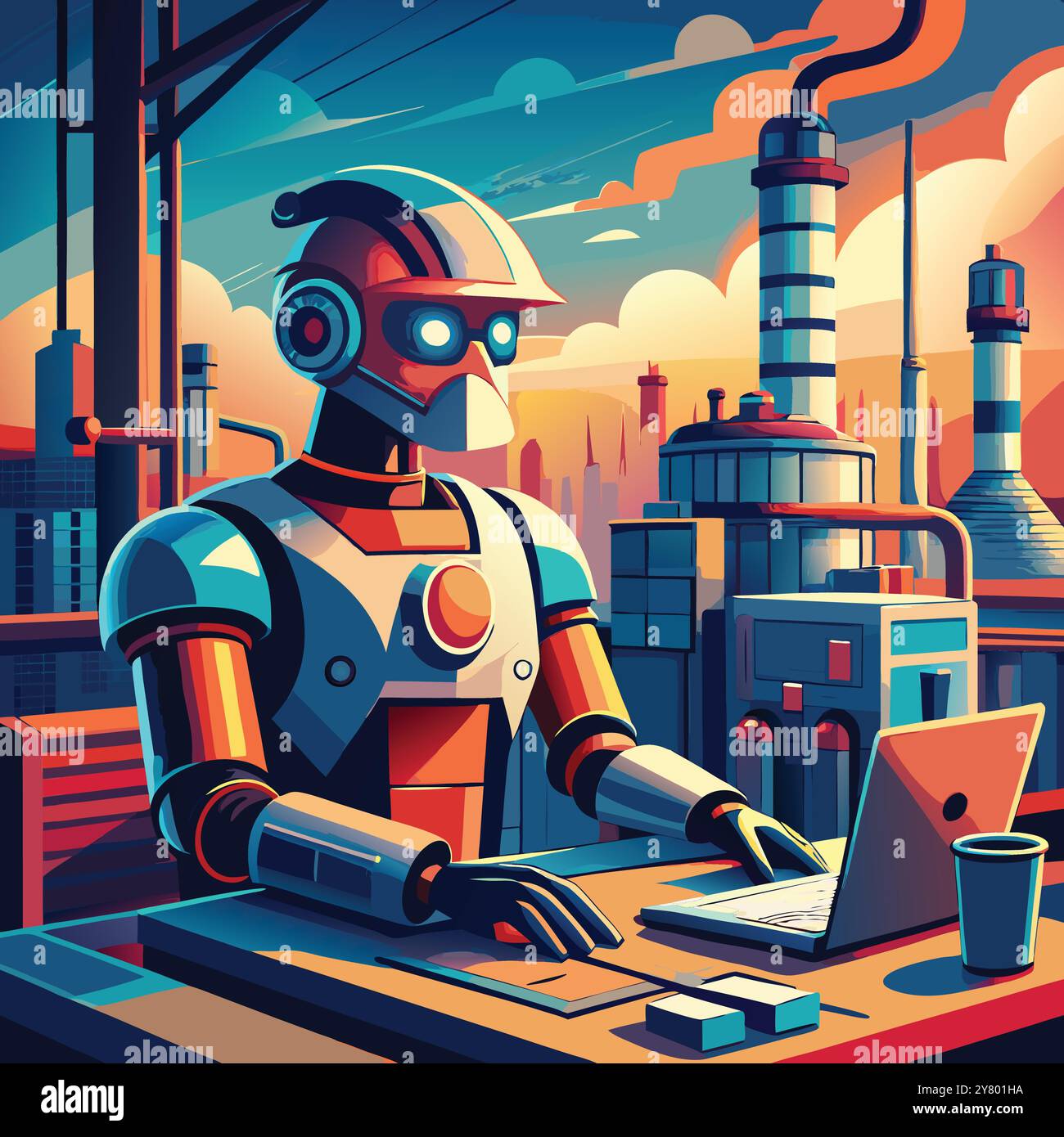 A futuristic robot. clad in a blue and red suit. sits at a desk in a ...