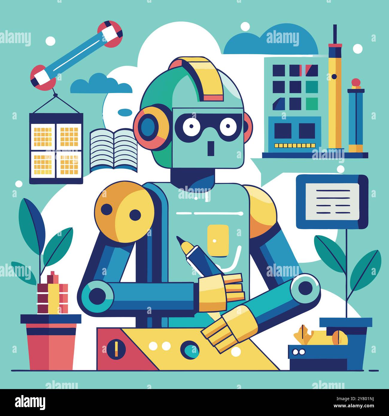 A friendly cartoon robot holds a pen. ready to write. surrounded by ...