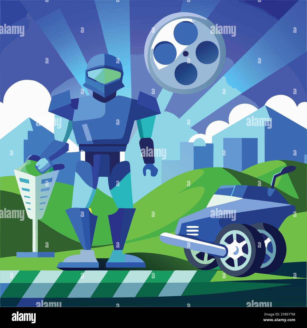 A futuristic robot stands on a crosswalk in a city setting. holding a ...