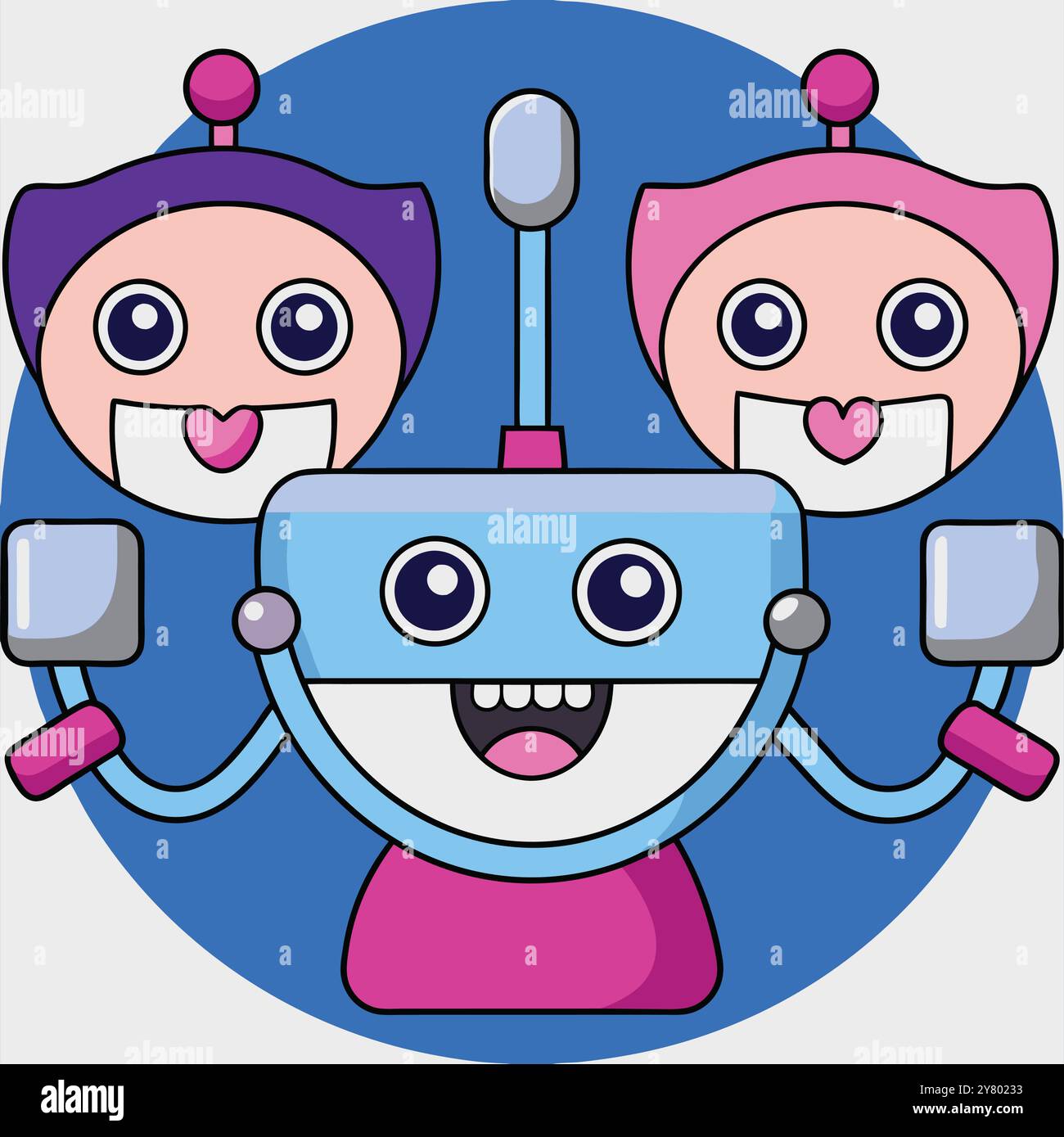 A cheerful and friendly cartoon robot with three heads. each with big ...