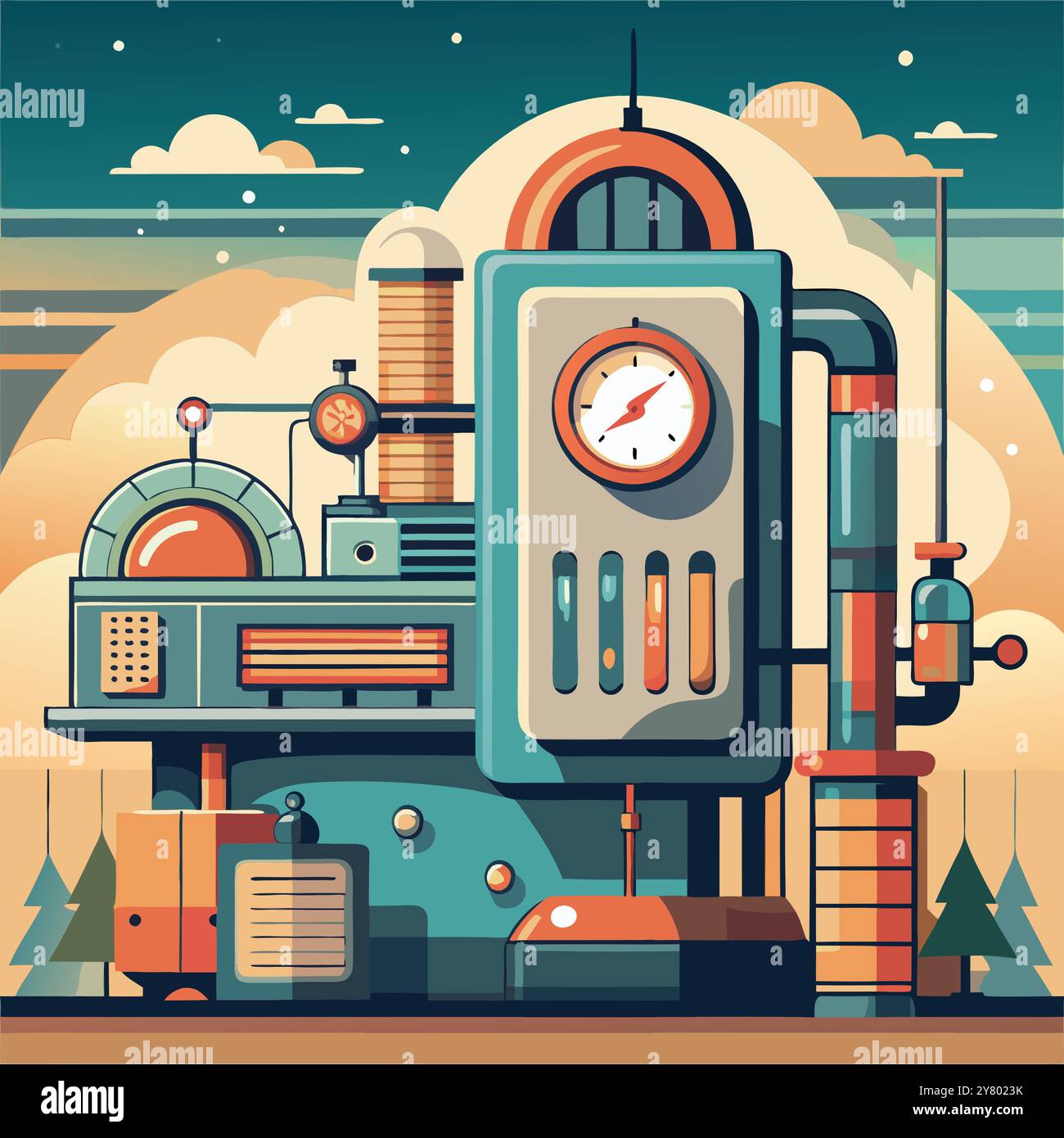 A whimsical illustration of a futuristic factory with a retro aesthetic ...