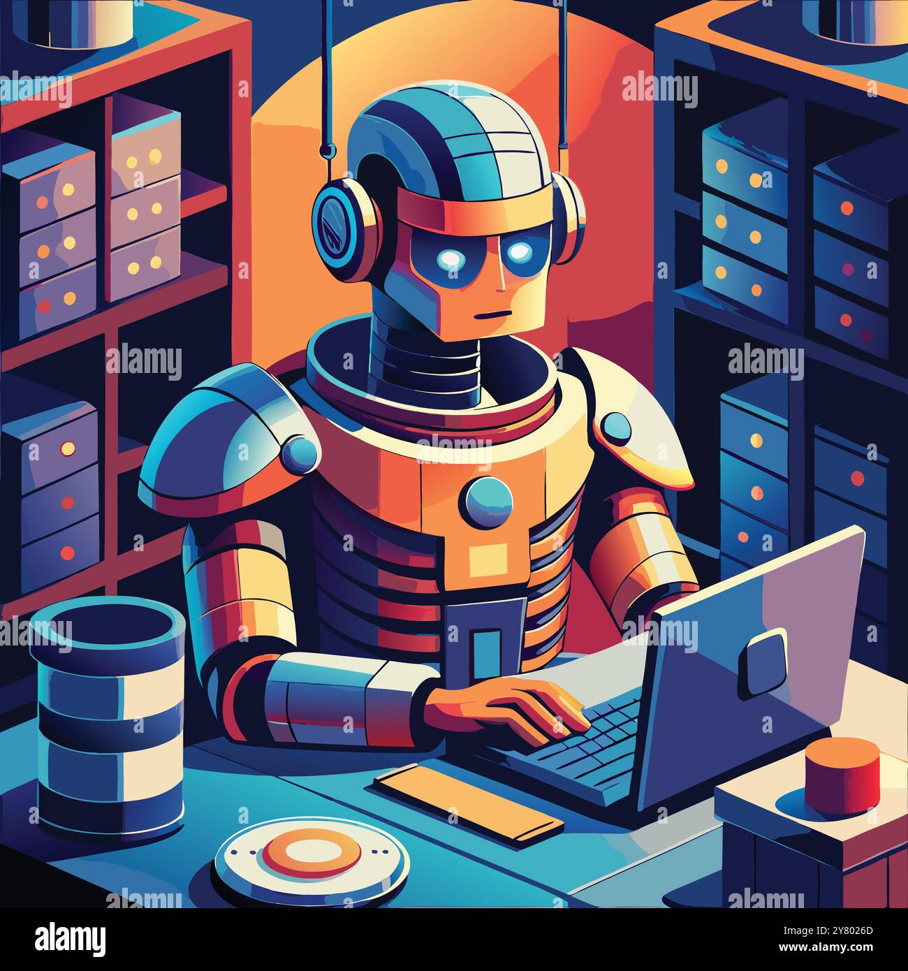 A futuristic robot sits at a desk. working on a laptop. The robot is ...