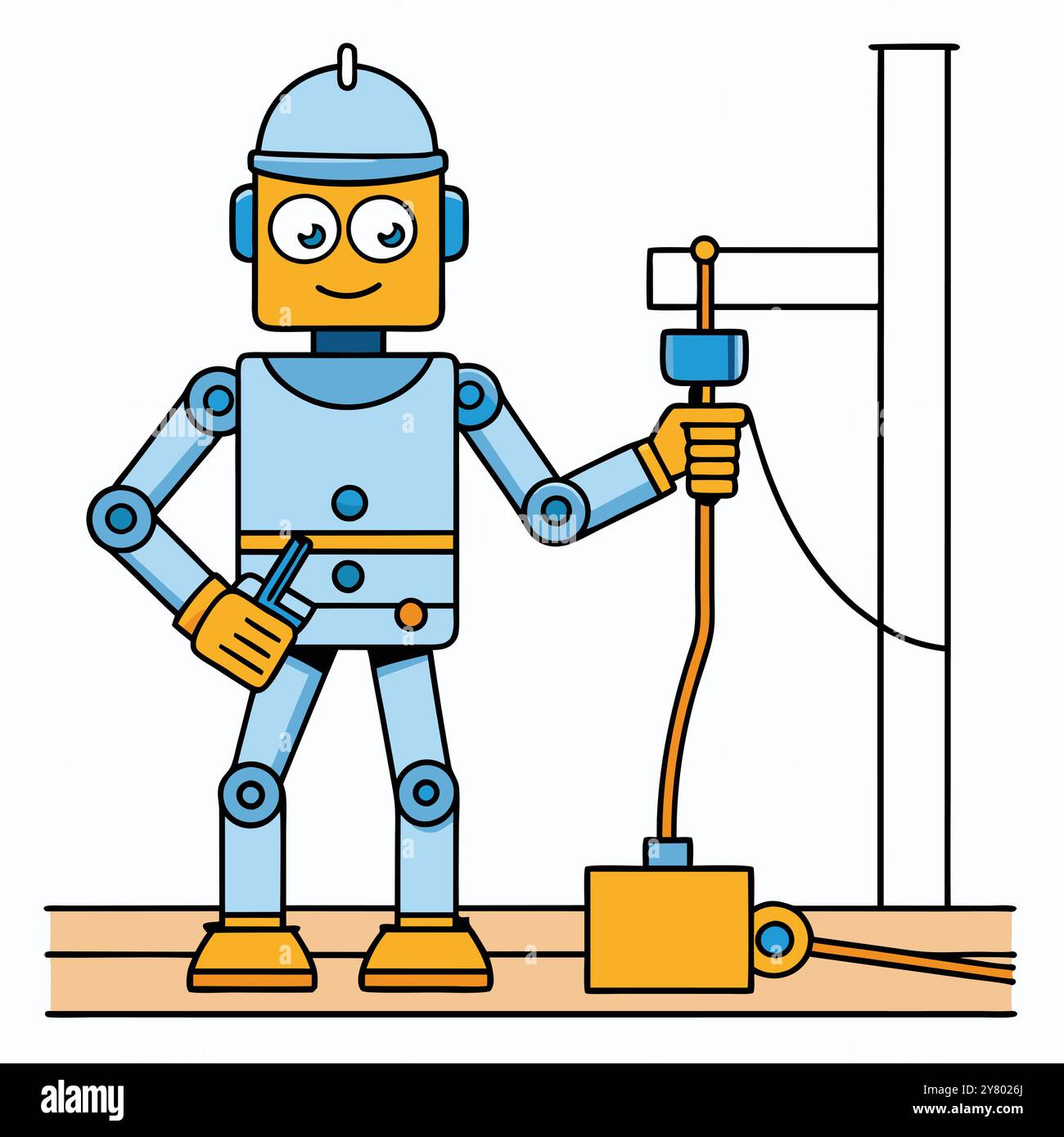 A friendly cartoon robot operates a machine with a pulley system ...