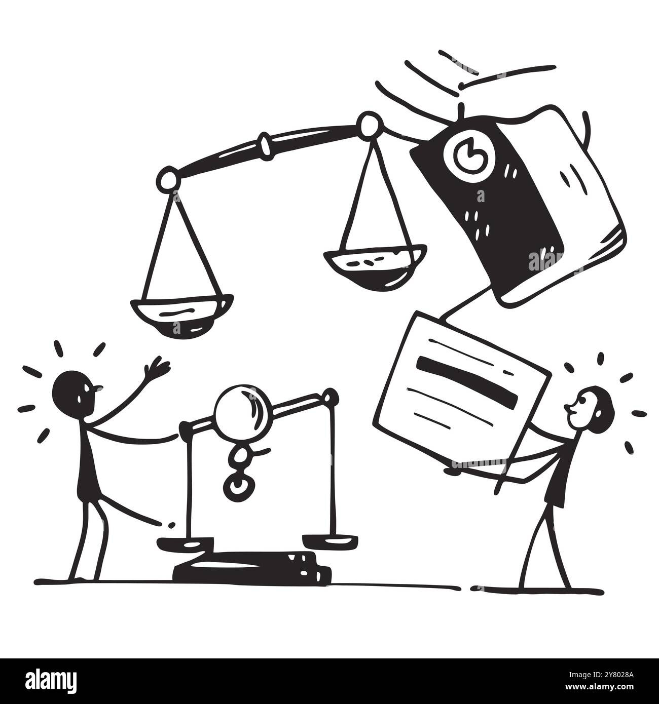 A humorous illustration of two stick figures struggling to balance a ...