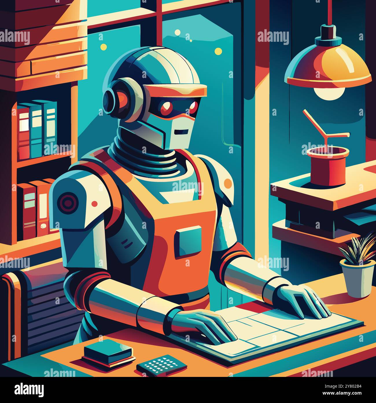 A futuristic robot sits at a desk. working on a computer. The image ...
