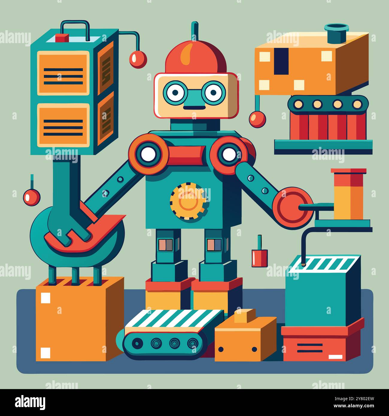 A playful illustration featuring a friendly robot in a factory setting ...