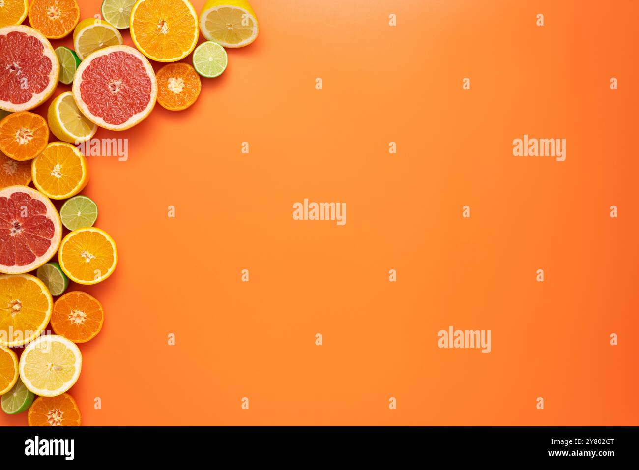 Concept for fresh, fruity and juicy fruit. Top view. Fresh sliced and ...