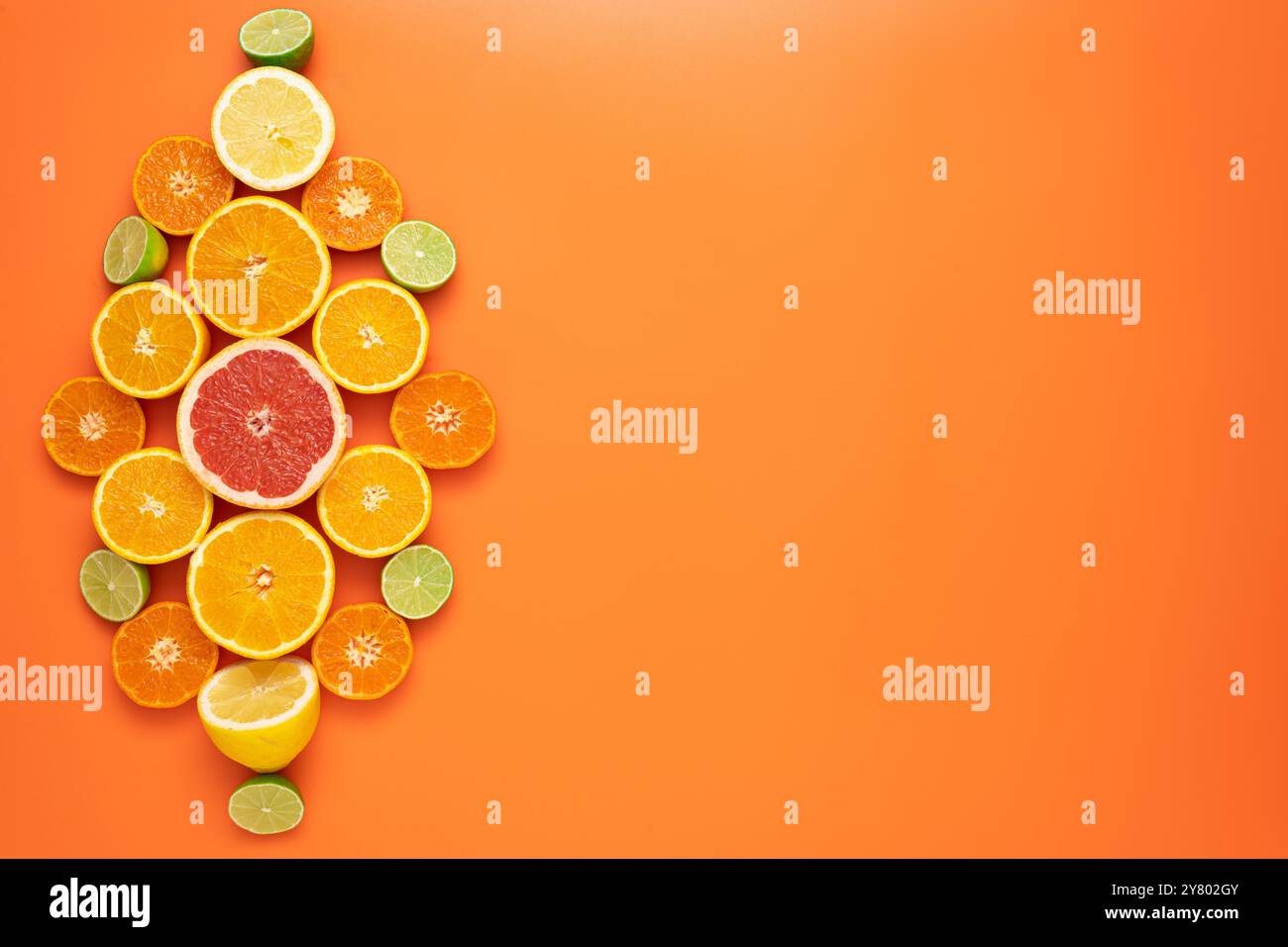 Concept for fresh, fruity and juicy fruit. Top view. Fresh sliced and ...
