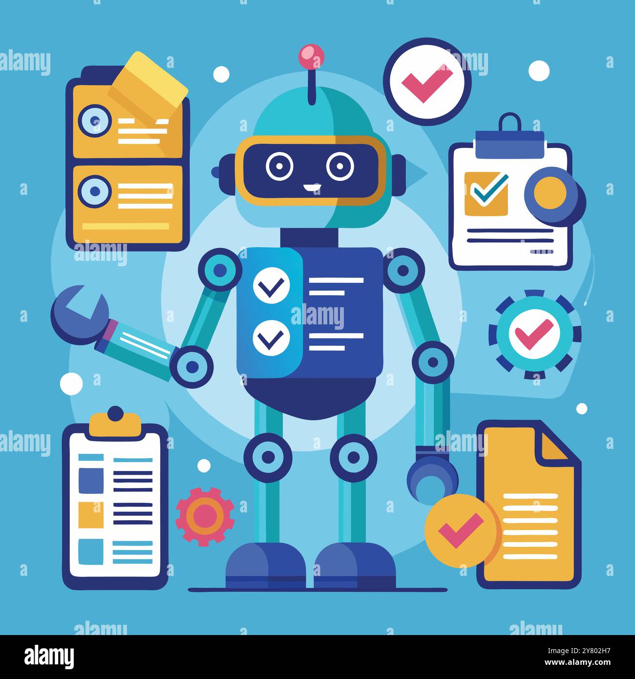 A friendly blue robot holds a wrench and is surrounded by checkmarks ...
