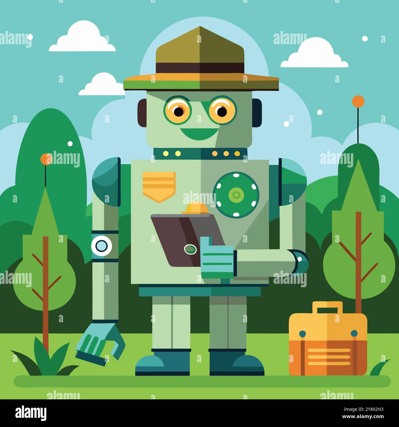 Friendly AI robot wearing a ranger hat and holding a tablet in a nature ...