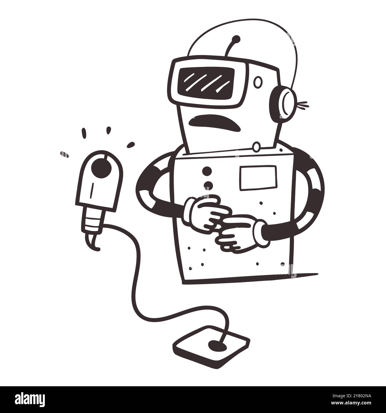 A whimsical cartoon robot with a cord coming out of its back. The cord ...