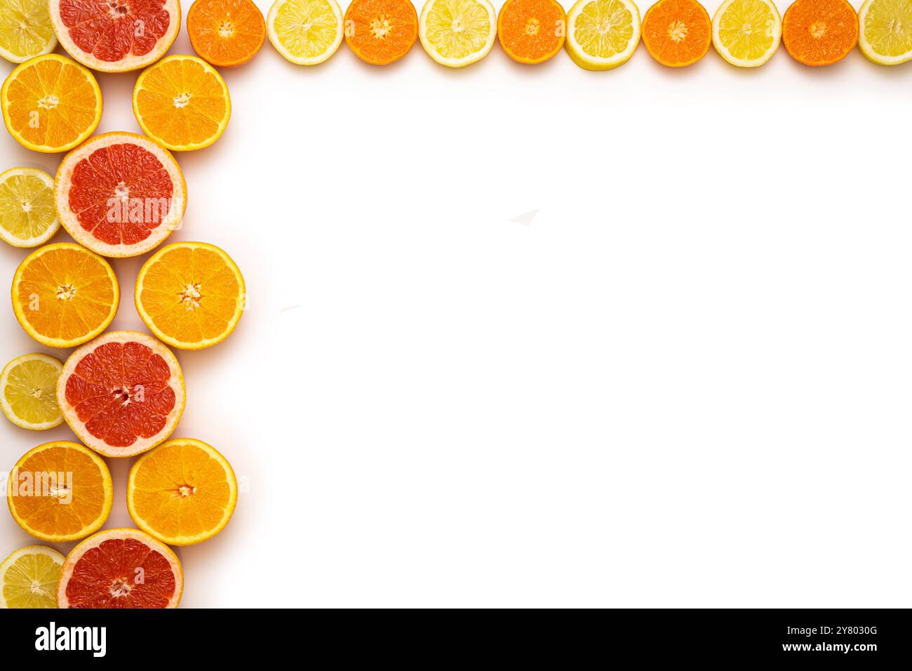Concept for fresh, fruity and juicy fruit. Top view. Fresh sliced and ...