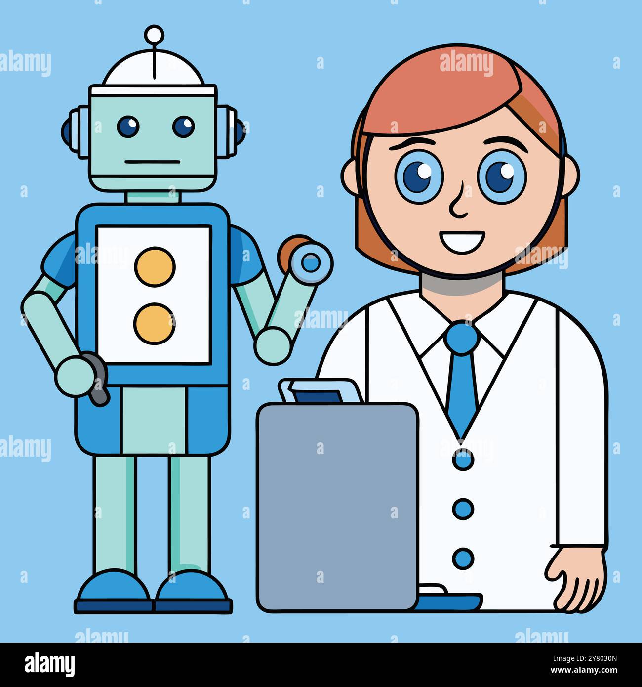 A friendly cartoon robot stands beside a smiling scientist ...