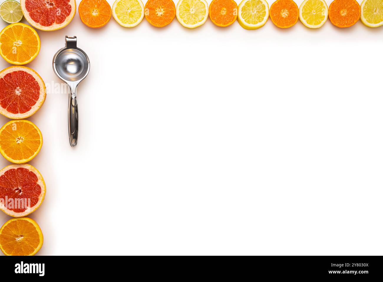 Concept for fresh, fruity and juicy fruit. Top view. Fresh sliced and ...