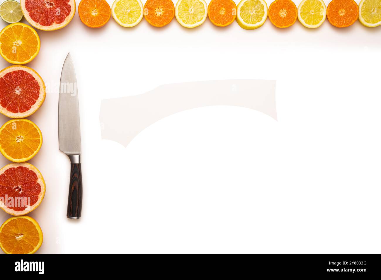 Concept for fresh, fruity and juicy fruit. Top view. Fresh sliced and ...