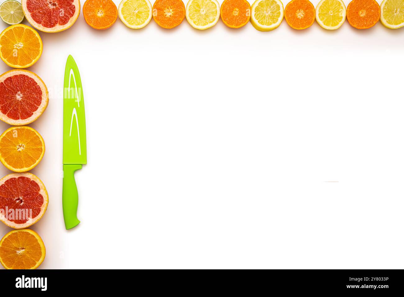 Concept for fresh, fruity and juicy fruit. Top view. Fresh sliced and ...