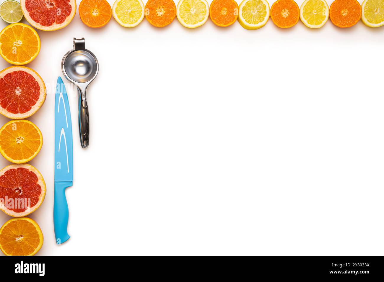 Concept for fresh, fruity and juicy fruit. Top view. Fresh sliced and ...