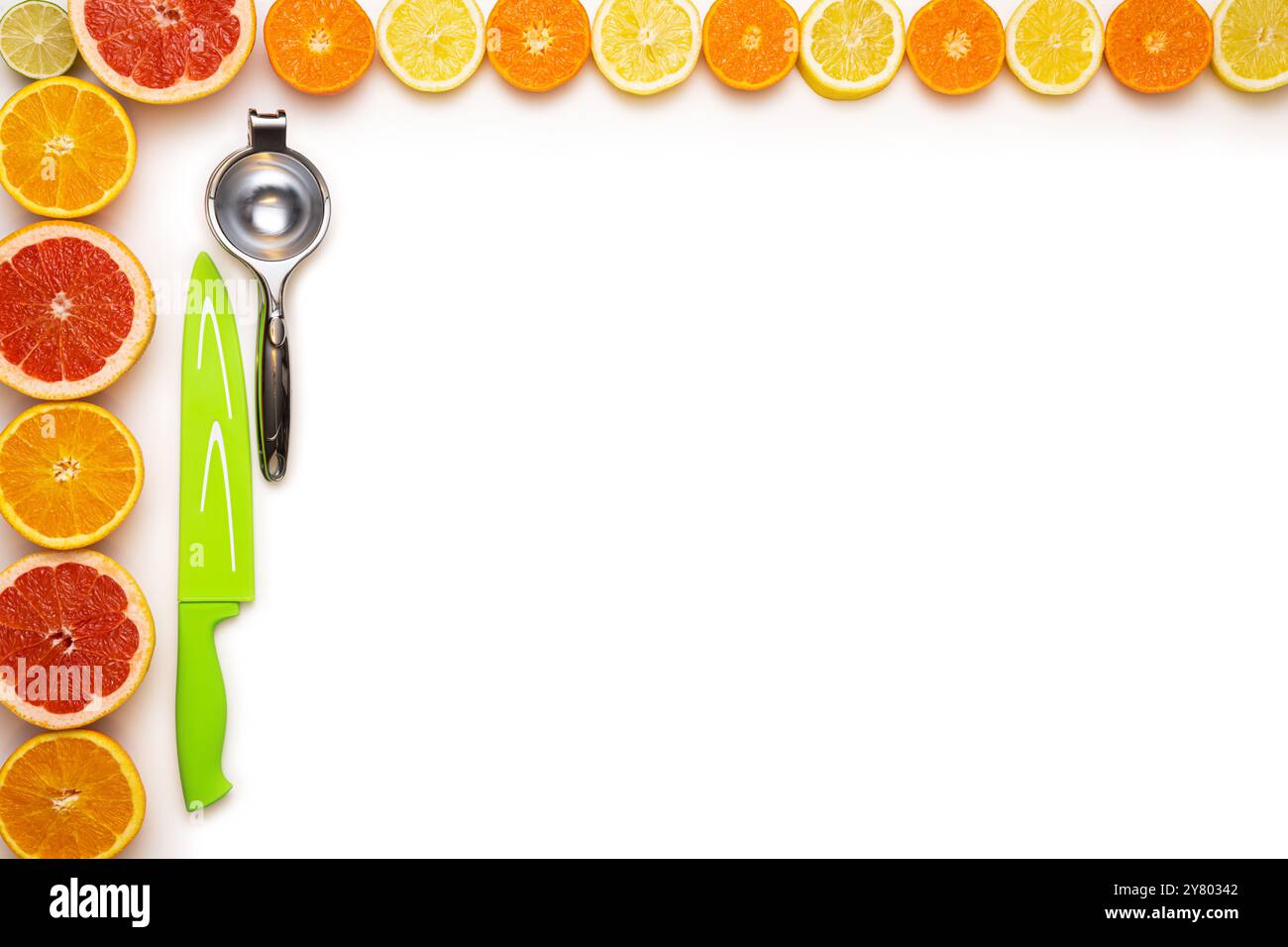 Concept for fresh, fruity and juicy fruit. Top view. Fresh sliced and ...