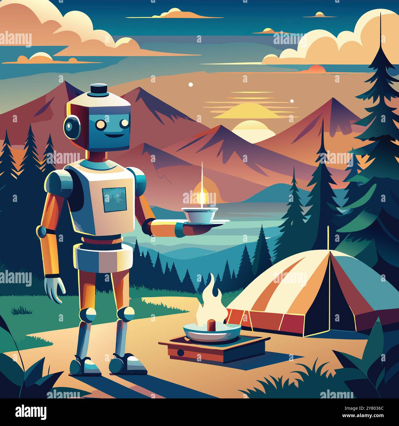 Friendly robot enjoying a camping trip in a beautiful mountainous ...