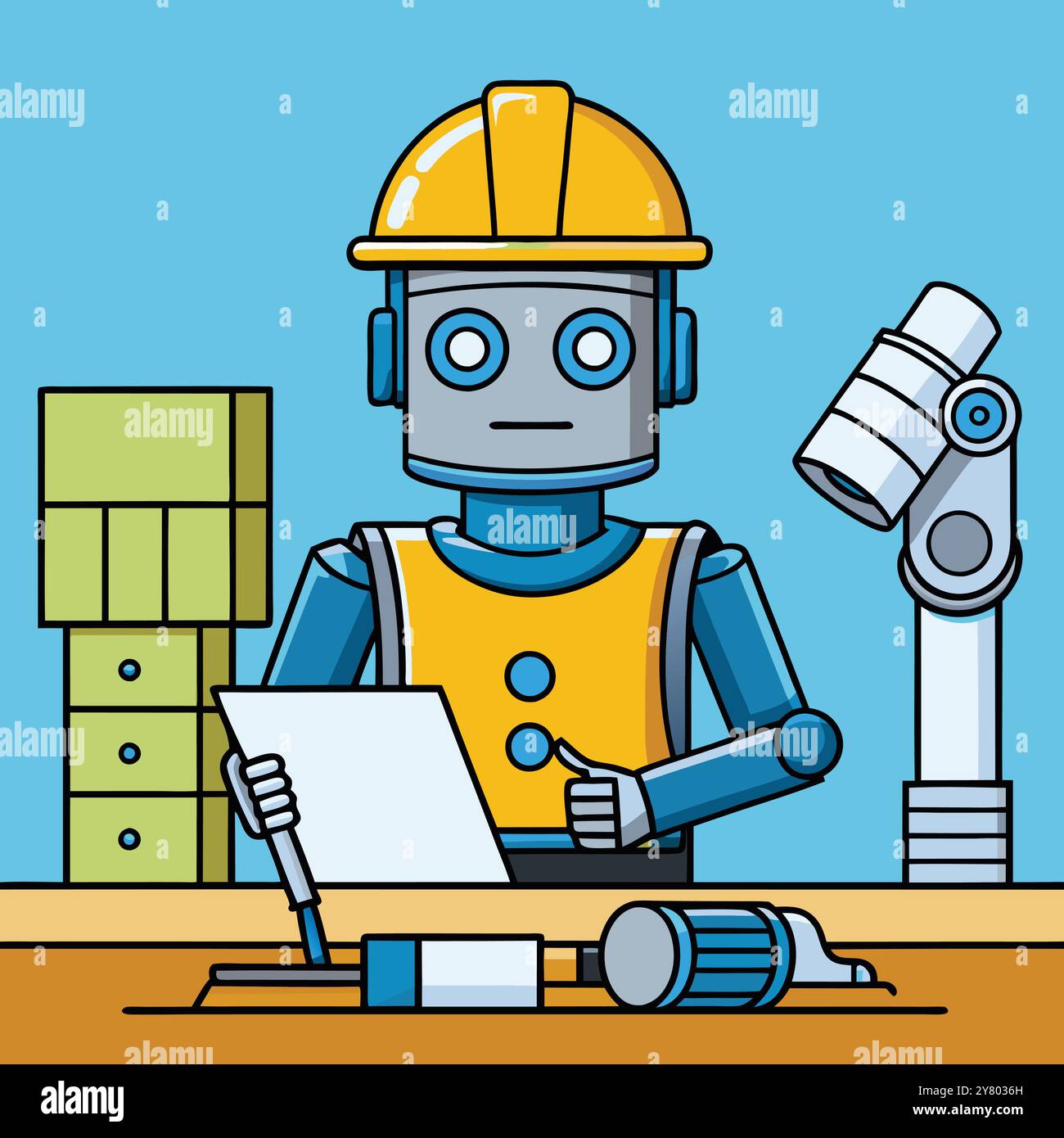 A friendly cartoon robot wearing a construction helmet and vest ...