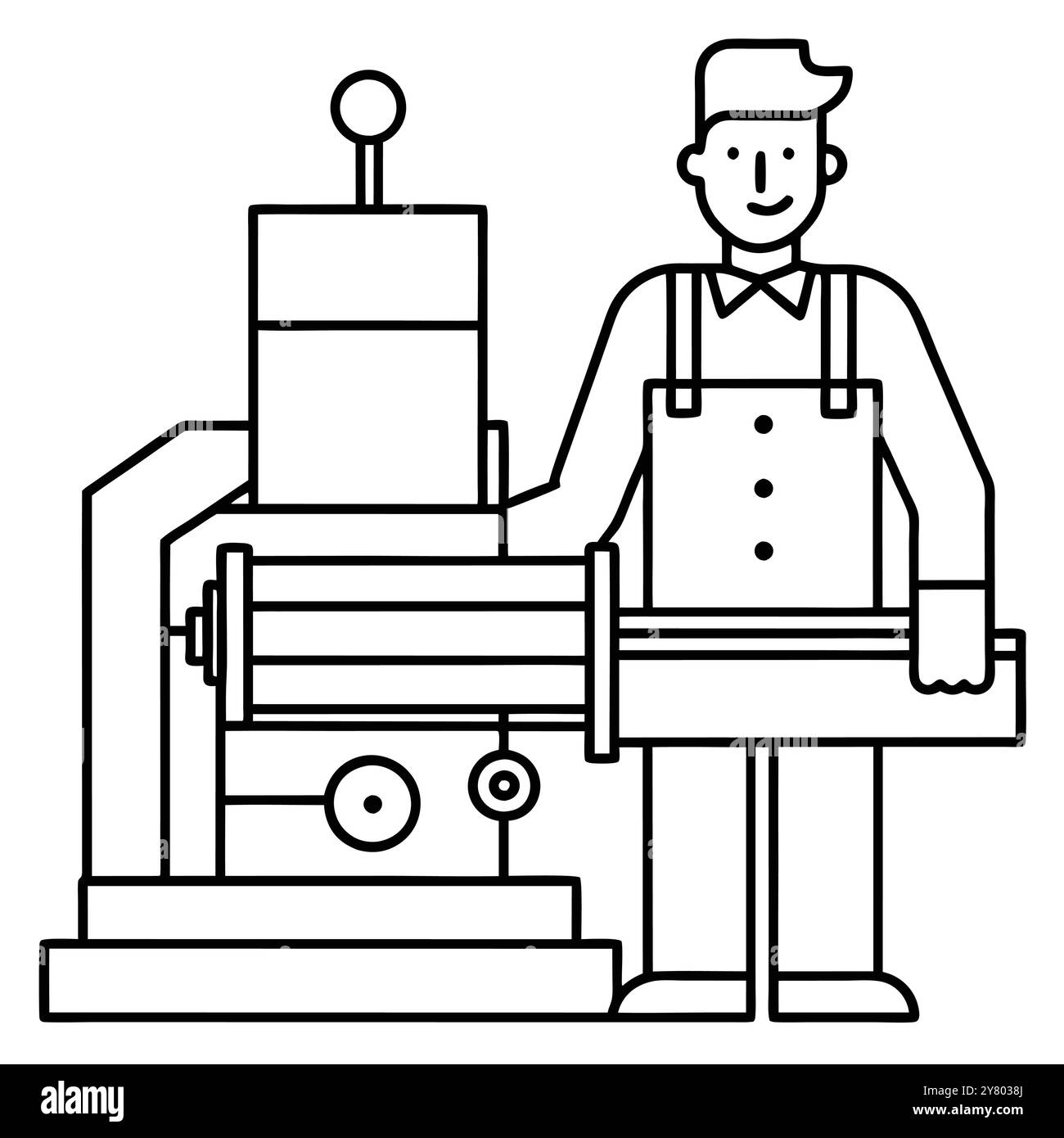 A simple black and white illustration of a worker operating a large ...