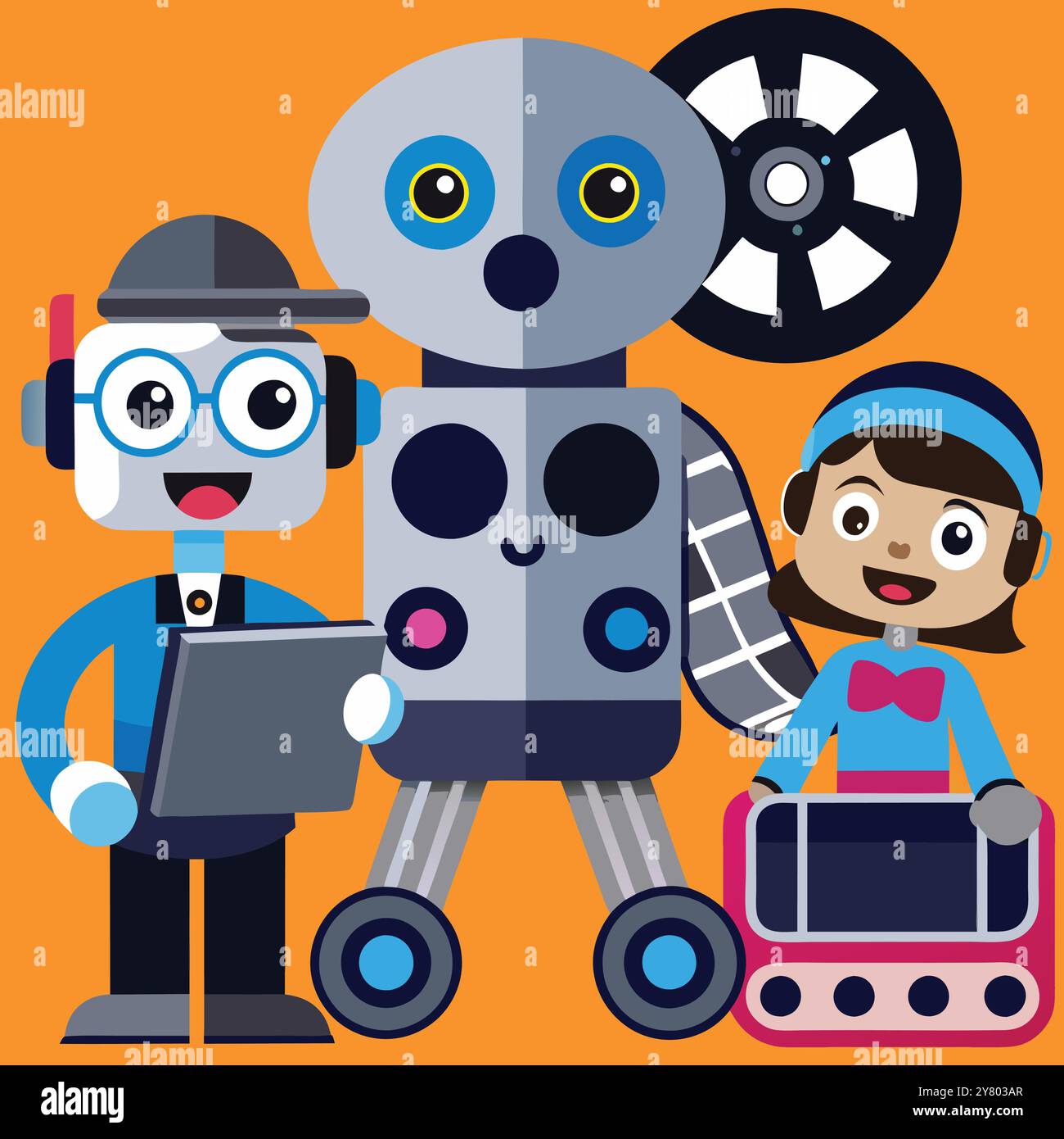 Cute cartoon robots. one with a laptop. one with a film reel. and a ...