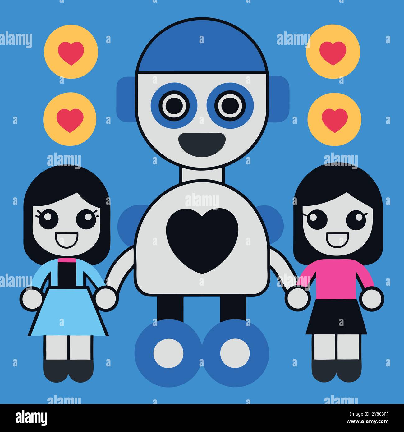 A friendly robot with a heart in its chest holds hands with two smiling ...