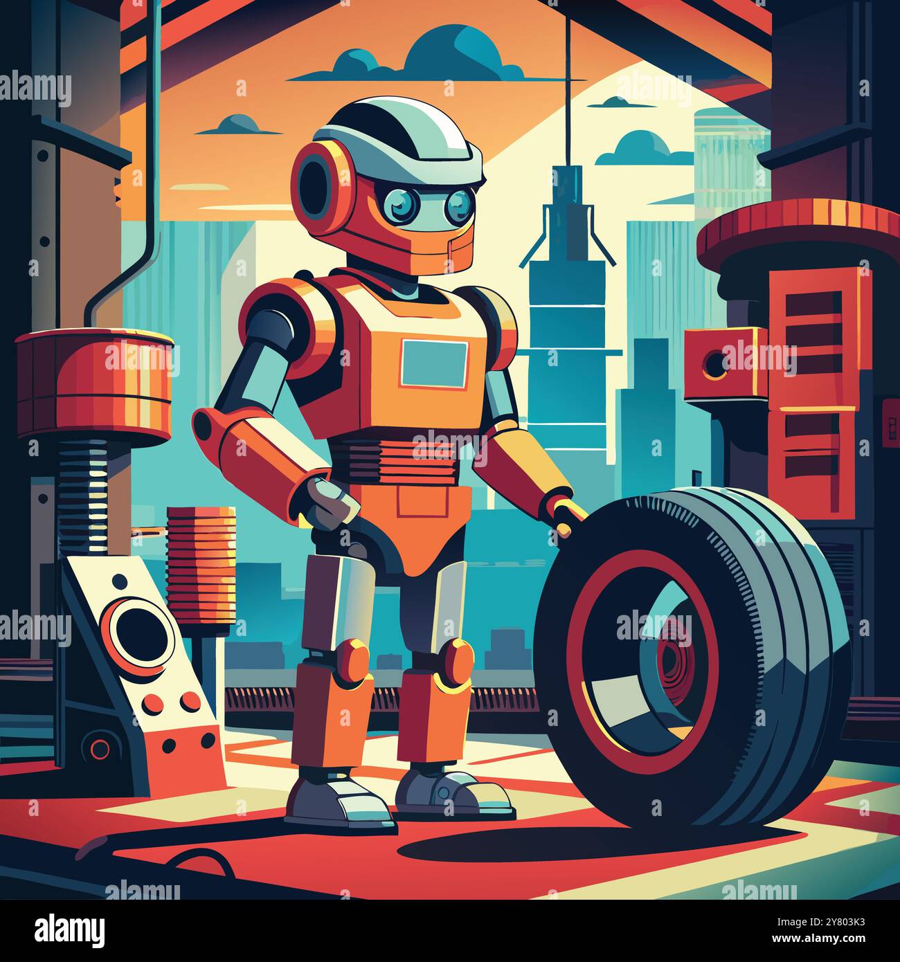 A retro futuristic robot stands with a large tire in a cityscape setting. The robots design ...