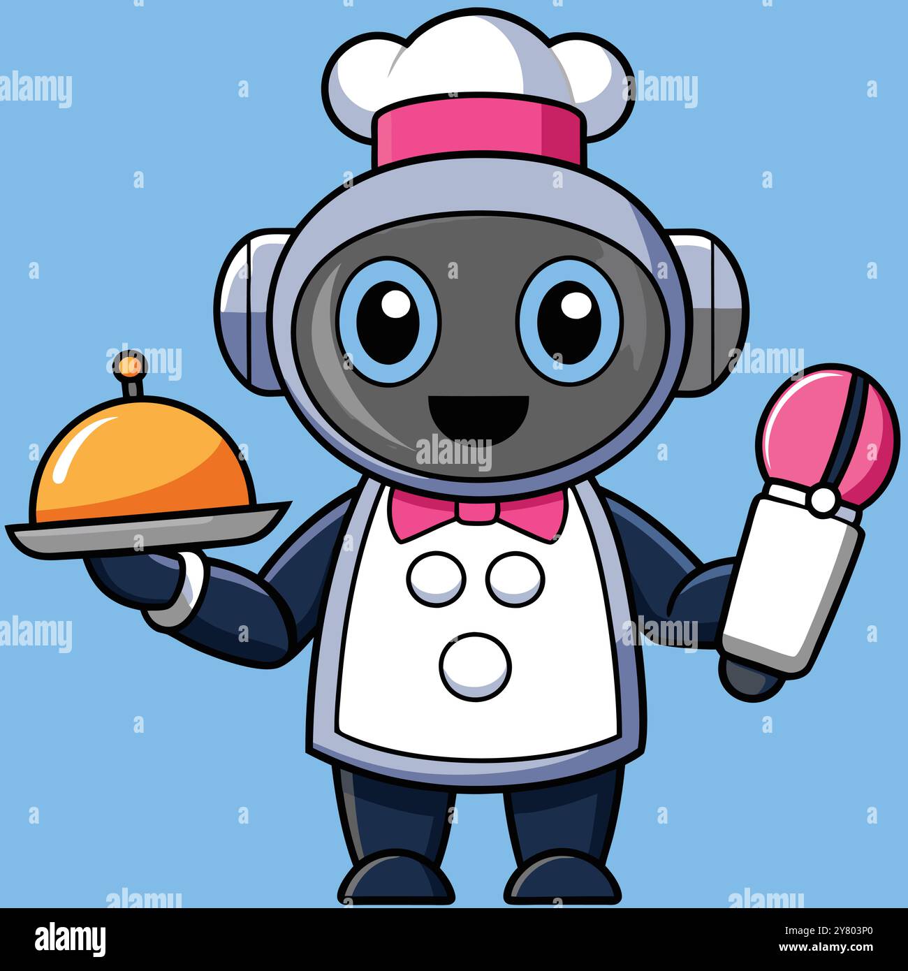 A friendly robot chef with big blue eyes. wearing a chefs hat and apron ...