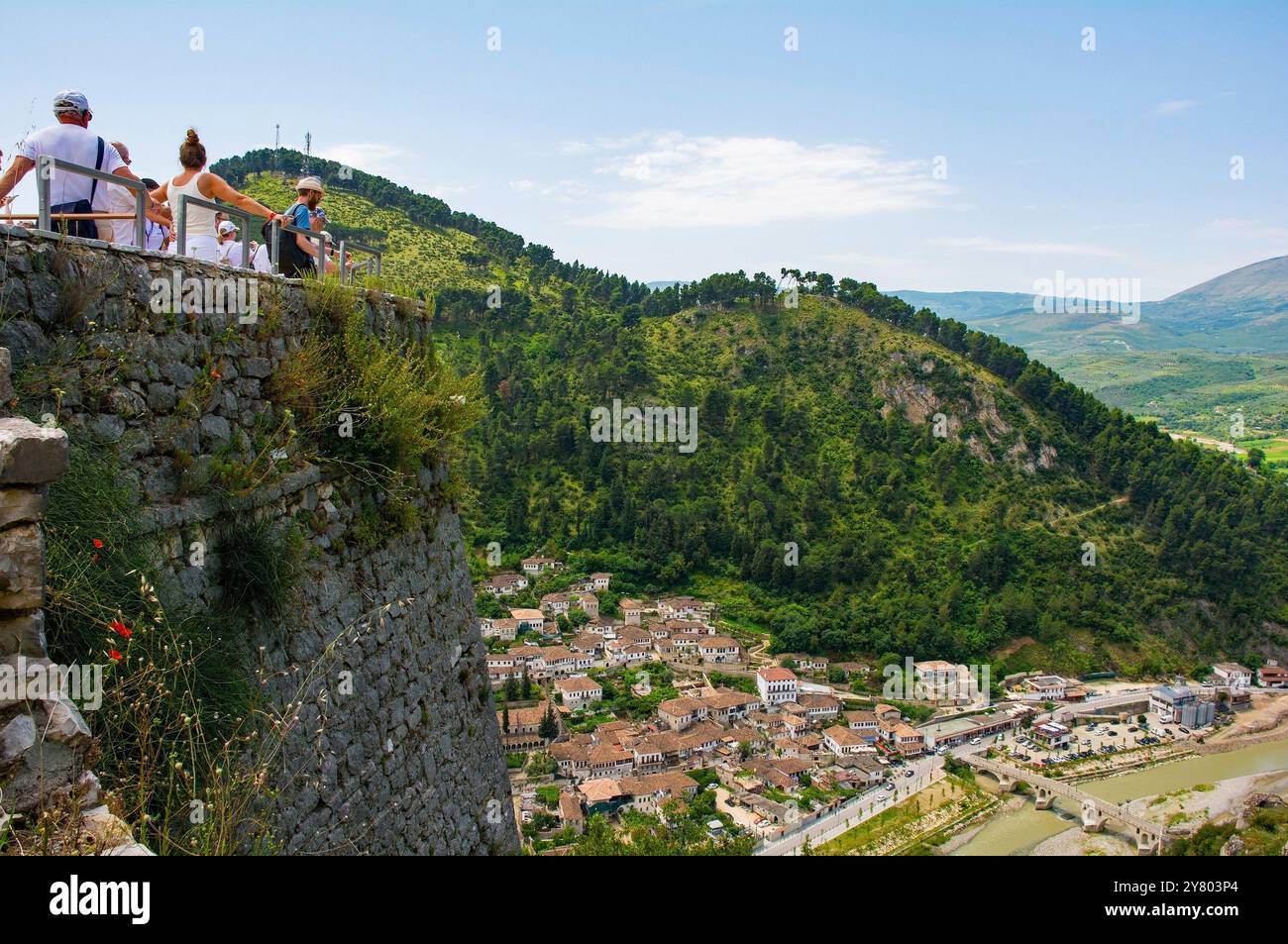 Berat, Albania - June 2nd 2024. Visitors admire the view of the Gorica ...
