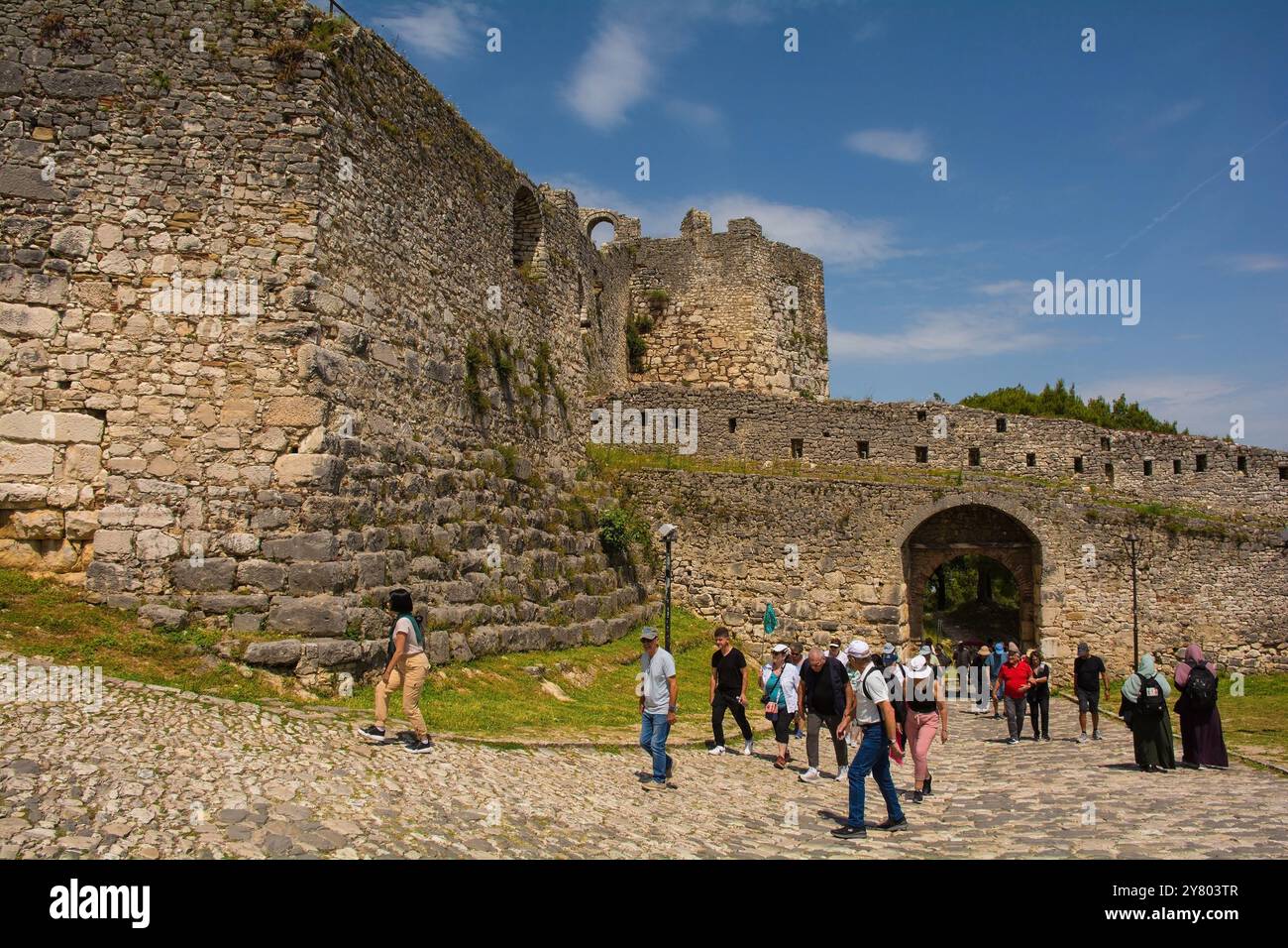 Berat, Albania - June 2nd 2024. Visitors walk up to the main entrance ...