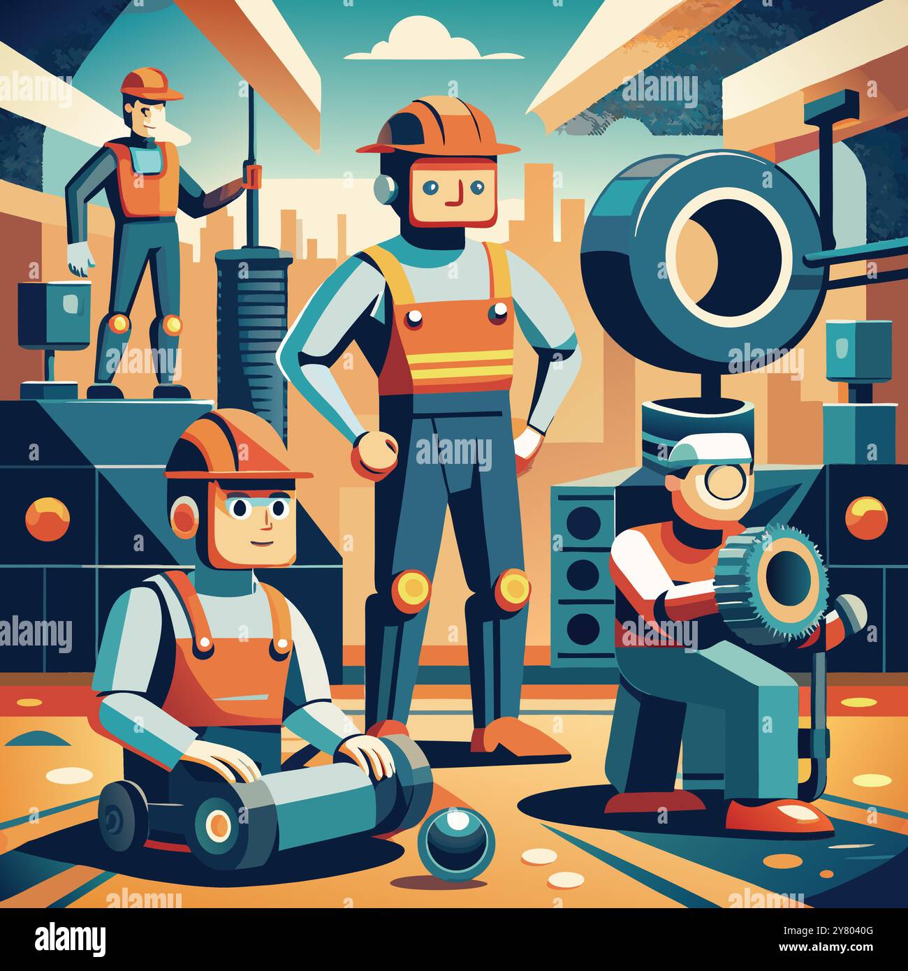 A friendly illustration featuring robots dressed as construction ...