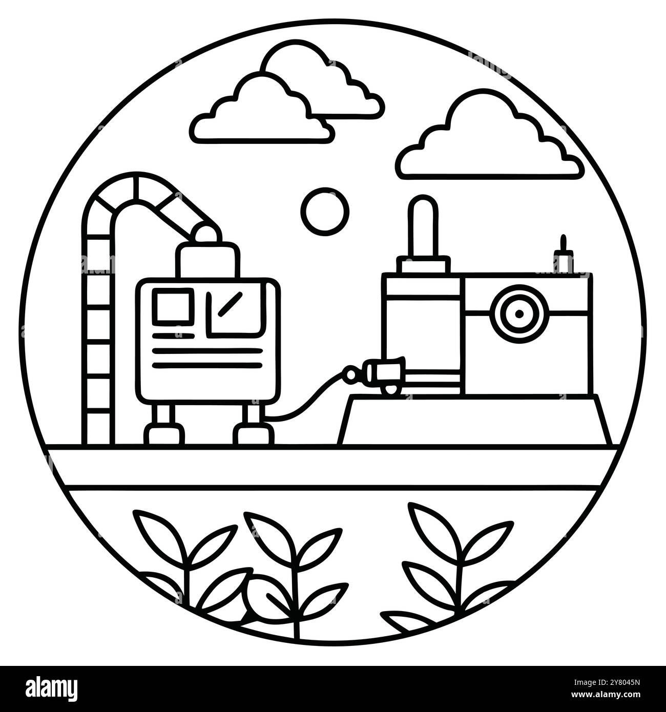 A simple. line art illustration of a futuristic farming system. A ...