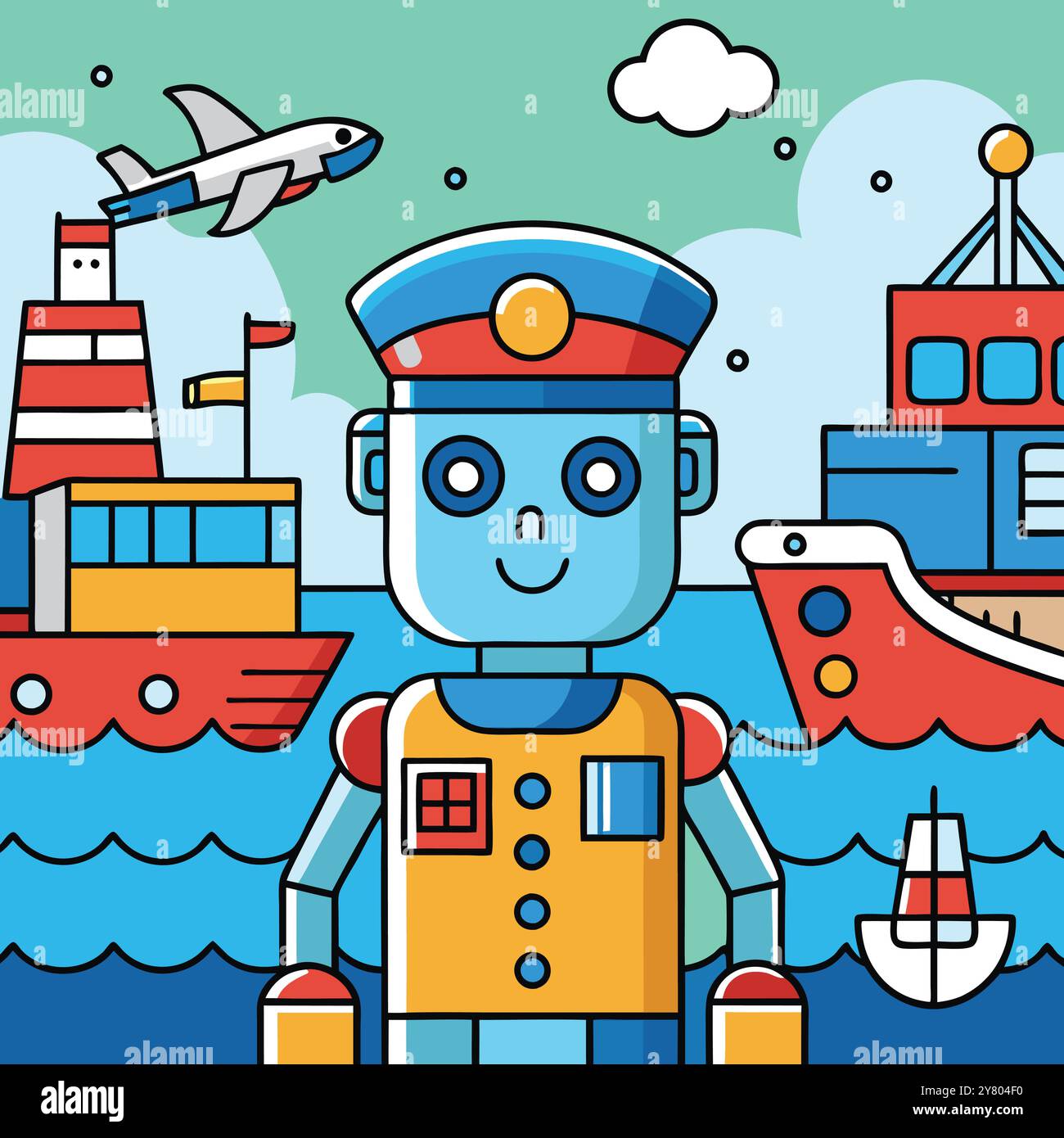 A friendly robot captain in a blue uniform stands smiling on the deck ...