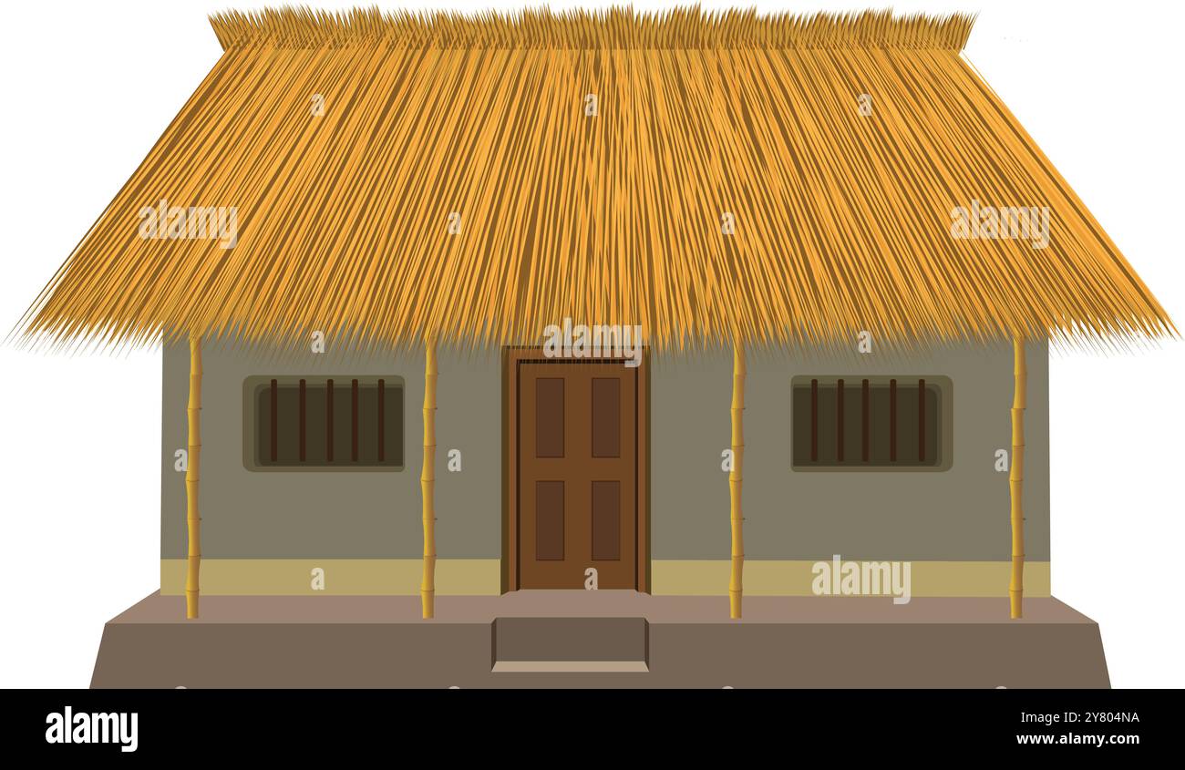 Indian village cottage mud wall with thatched straw room illustration ...
